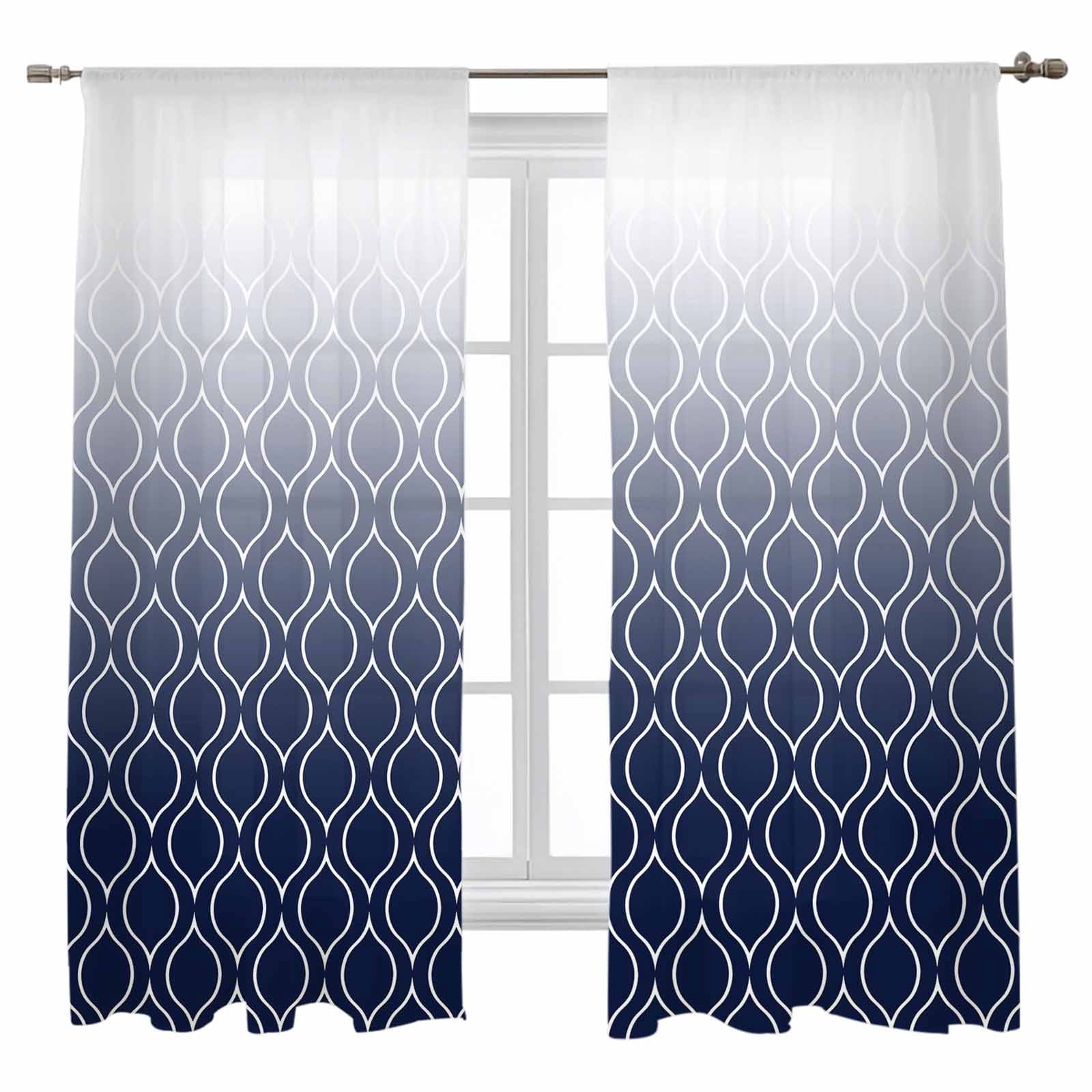 Sheer Curtains 63 inches Long, Abstract Texture Classic Navy Blue ...