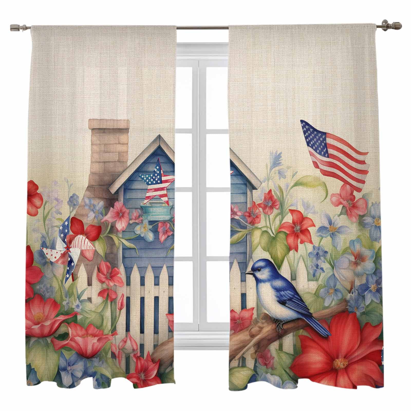 Sheer Curtains 63 inches Long, American Flag Independence Day Star Bird ...