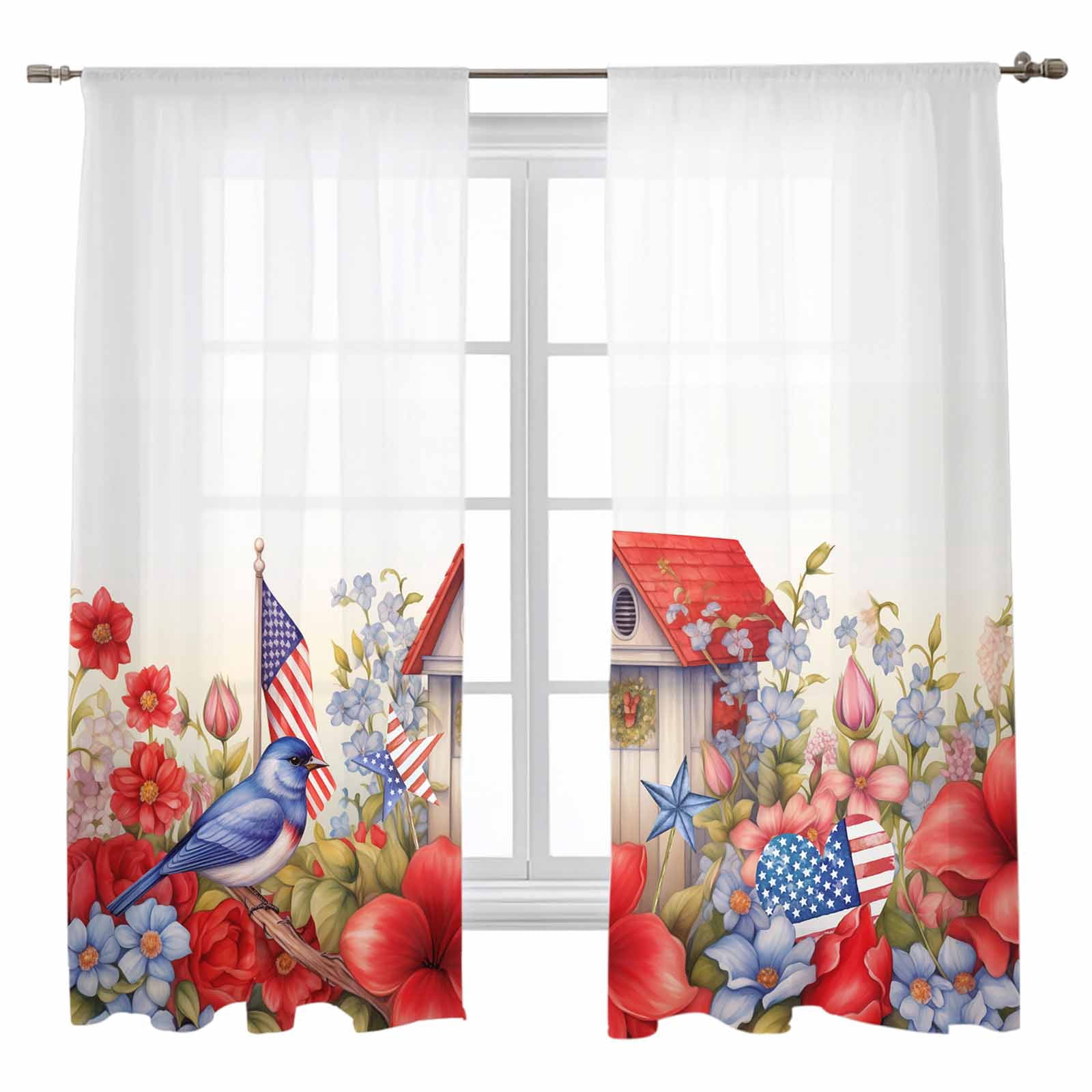 Sheer Curtains 63 inches Long, American Flag Watercolor Floral ...