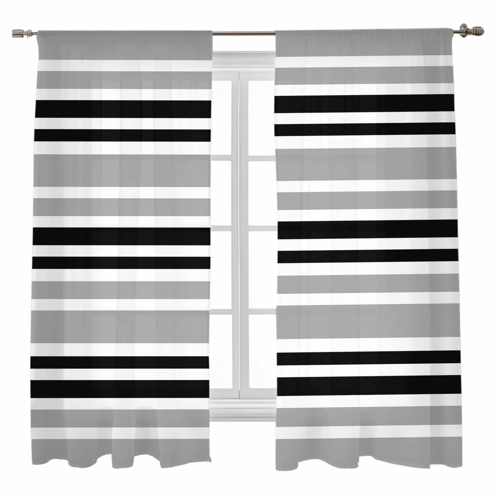 Sheer Curtains 63 inches Long, Black and Gray Stripe Abstract Minimalist Modern Art Light ...