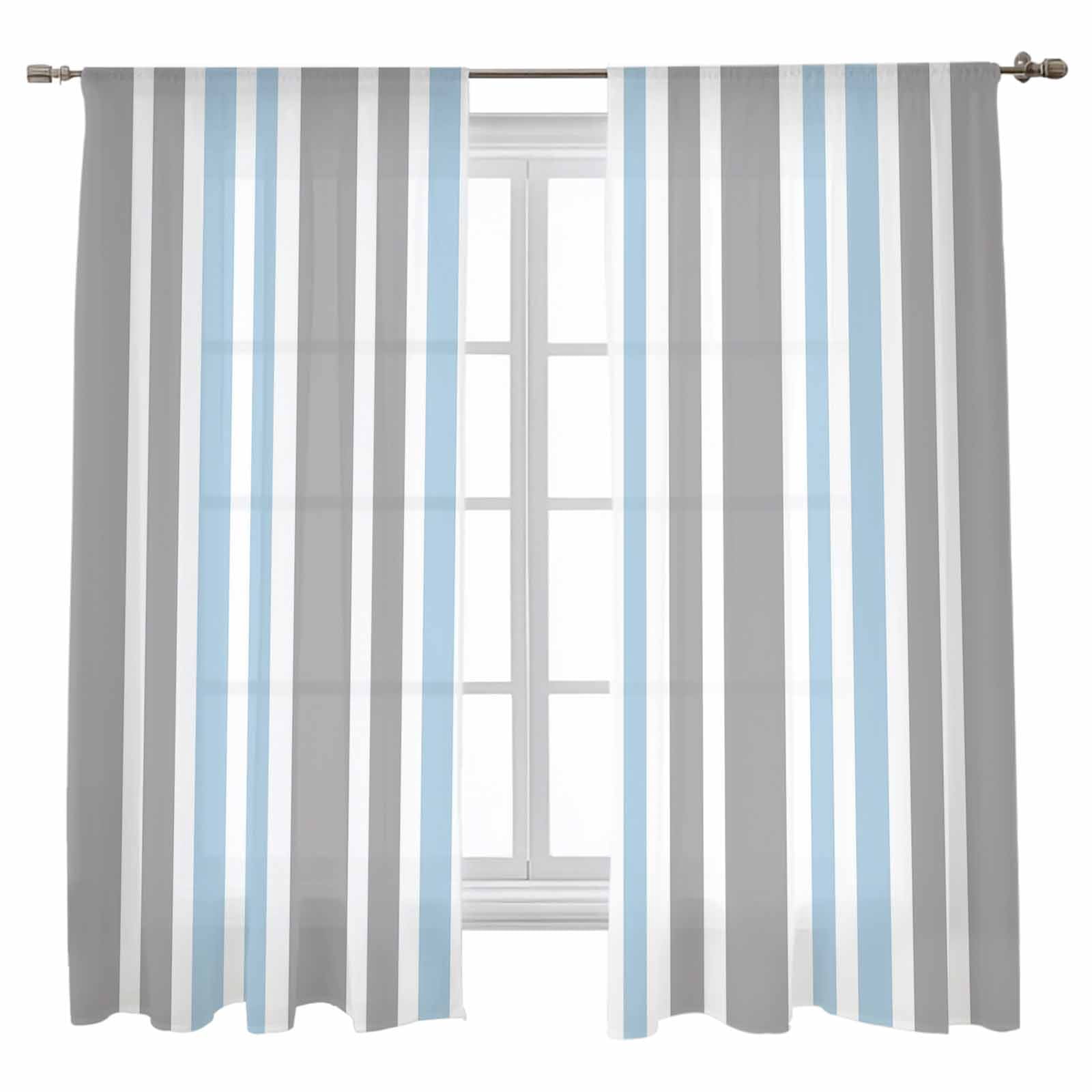 Sheer Curtains 63 inches Long, Blue Gray Stripe Minimalist Vertical ...