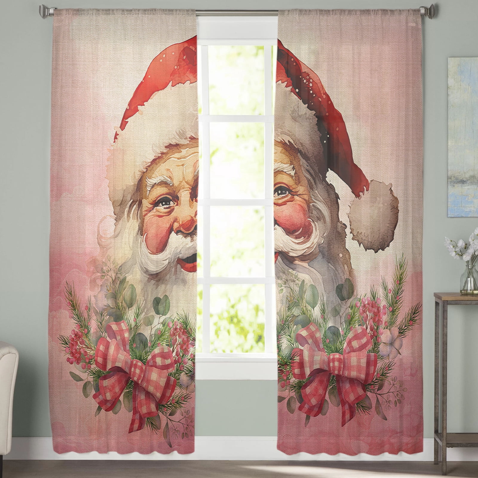 Sheer Curtains 63 inches Long, Christmas Santa Bowknot Holly Retro ...