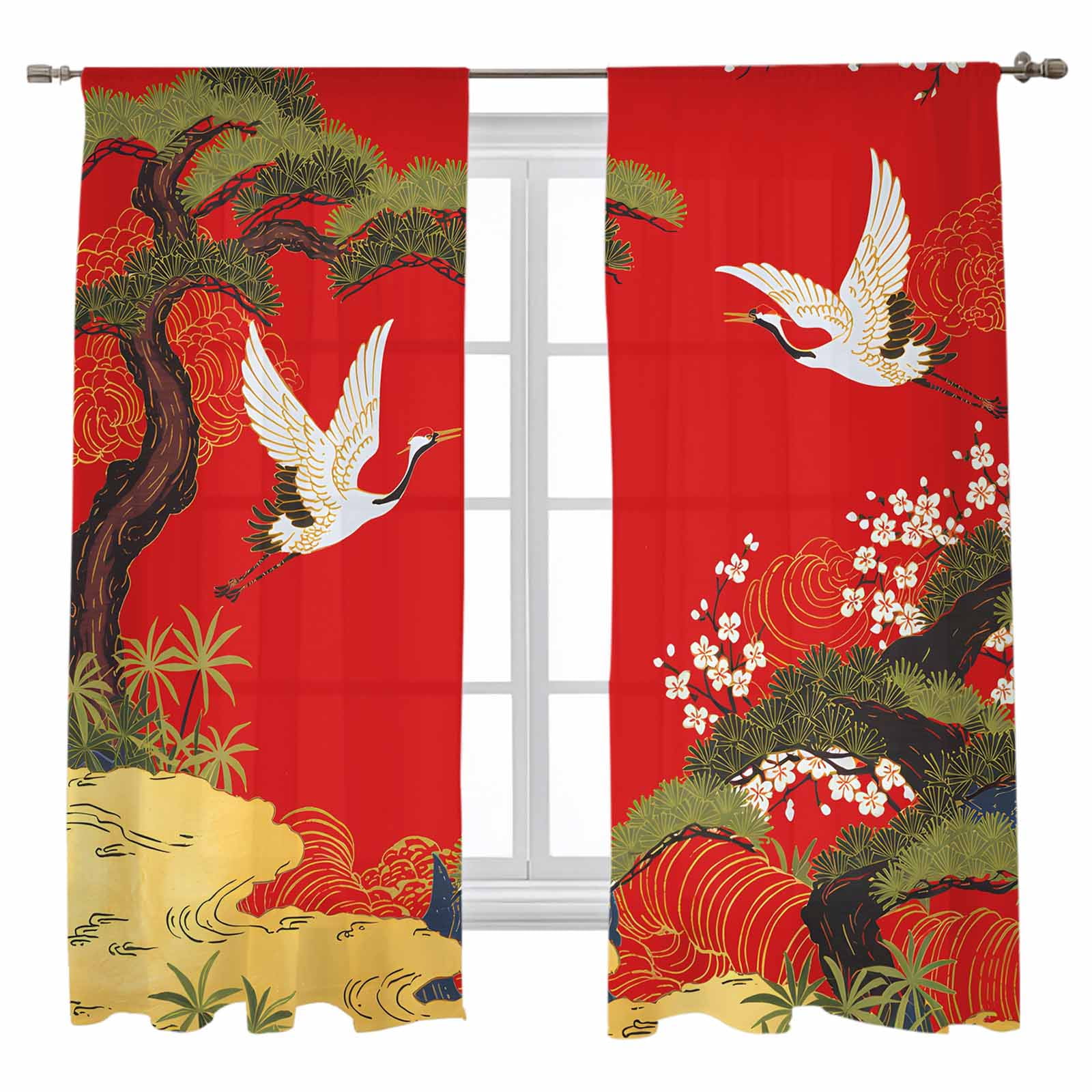 Sheer Curtains 63 inches Long, Classic Animal Crane Pine Golden Moire Red Backdrop Light ...