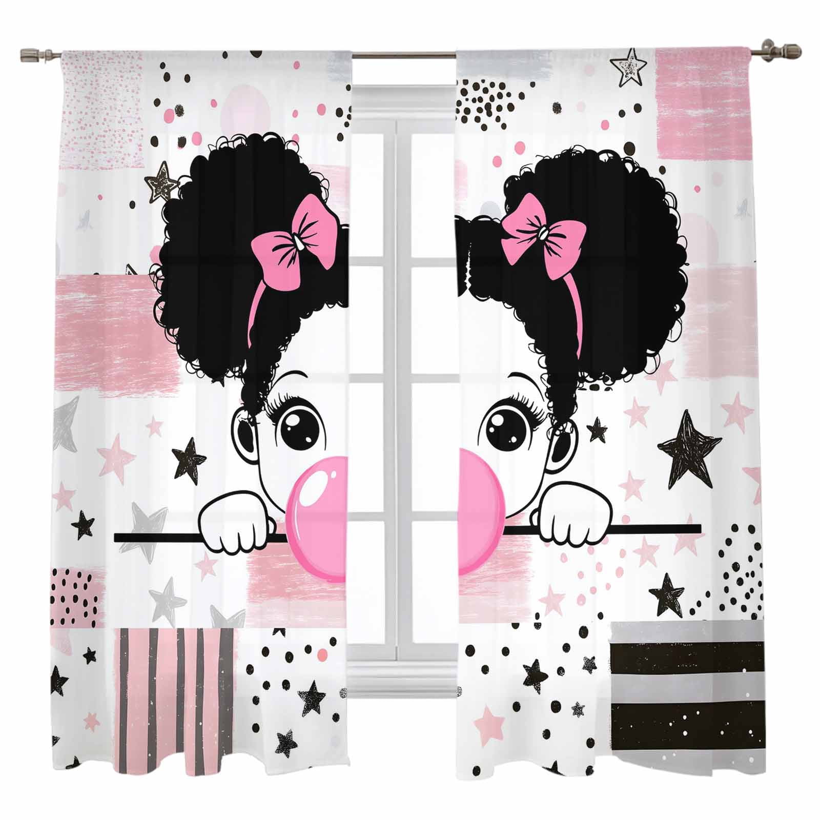 Sheer Curtains 63 inches Long, Cute Girl Pink Bow Black Pentagram ...