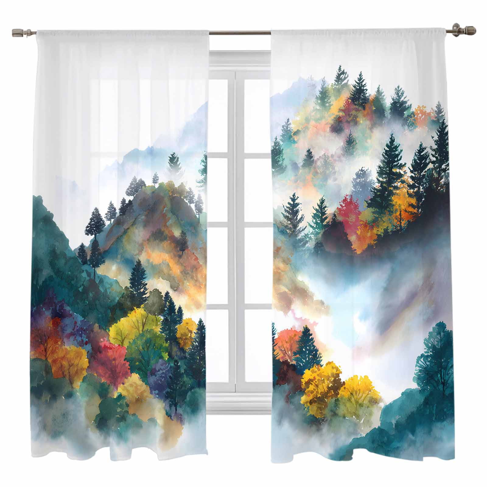 Sheer Curtains 63 inches Long, Fall Forest Watercolor Mountain Fog ...