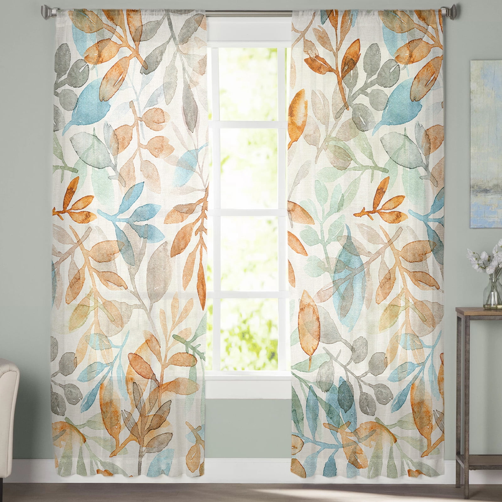 Sheer Curtains 63 inches Long, Fall Hand Drawn Watercolor Blue and ...