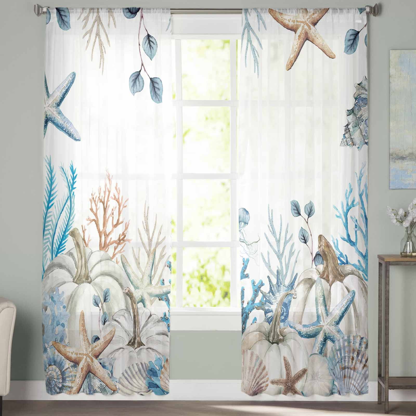 Sheer Curtains 63 inches Long, Fall Pumpkin Ocean Sea Shells Starfish ...
