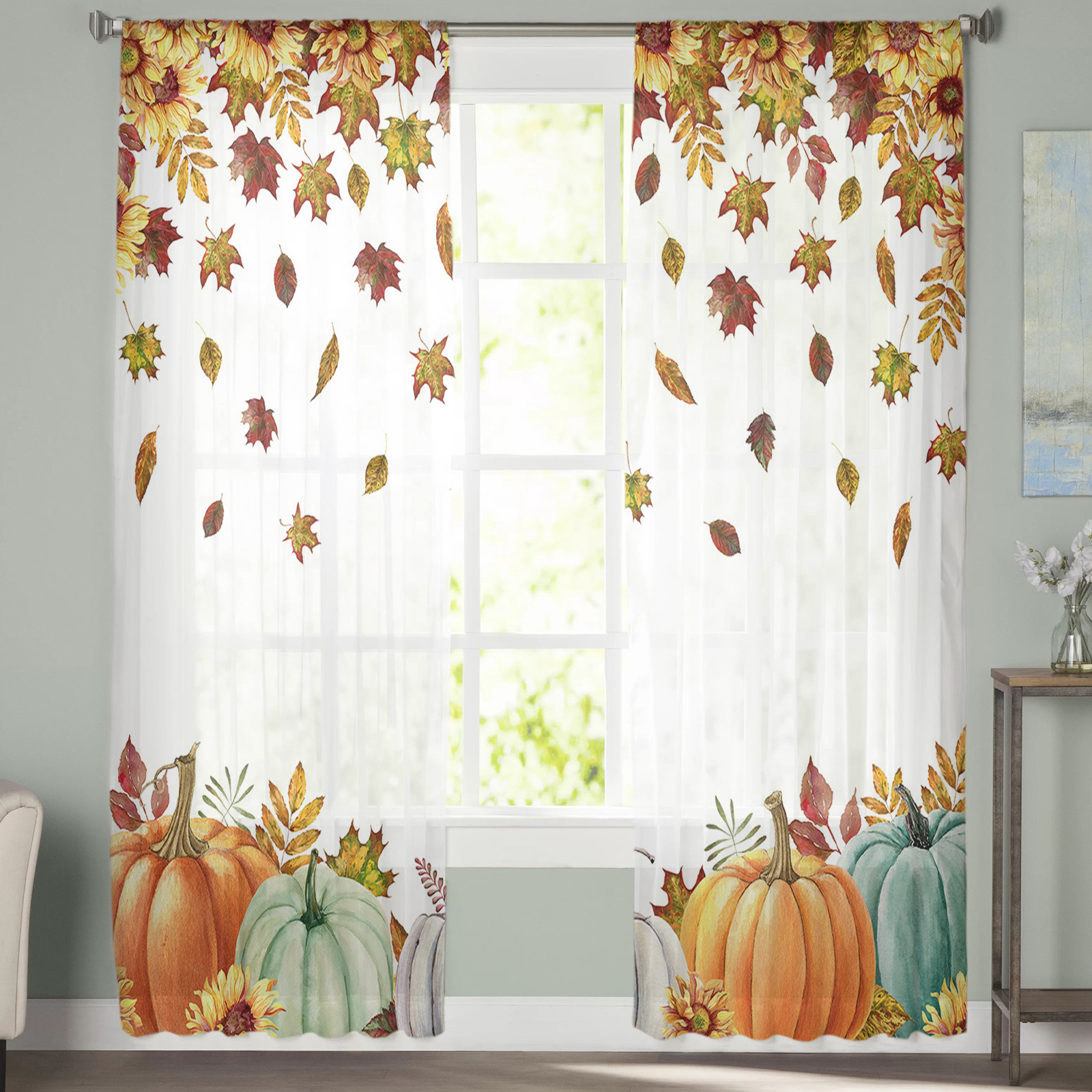 Sheer Curtains 63 inches Long, Fall Sunflowers Pumpkin Maple Leave ...