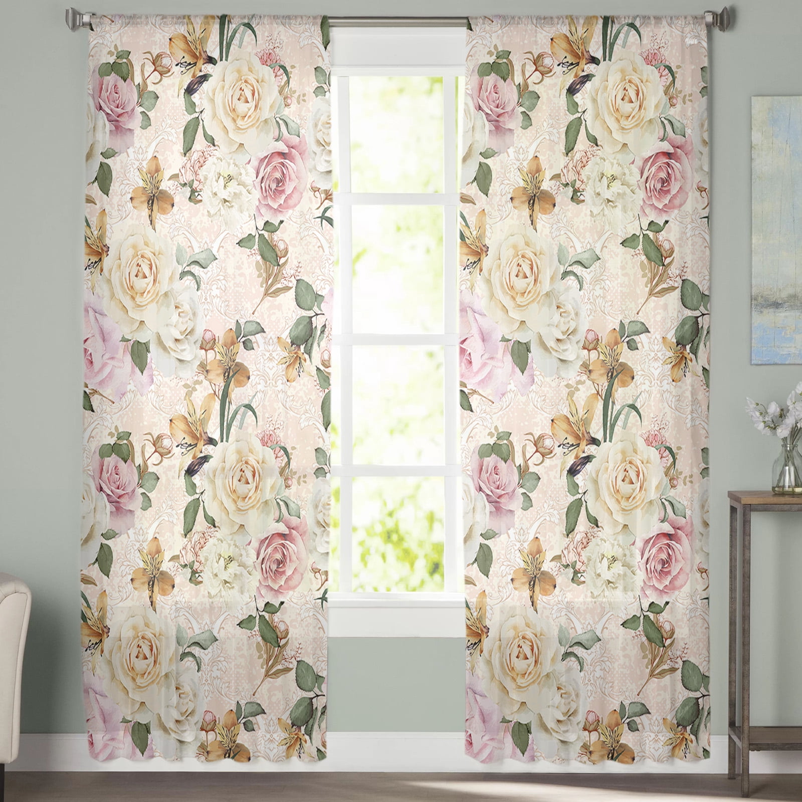 Sheer Curtains 63 inches Long, Floral Spring Flower Retro Texture Light ...