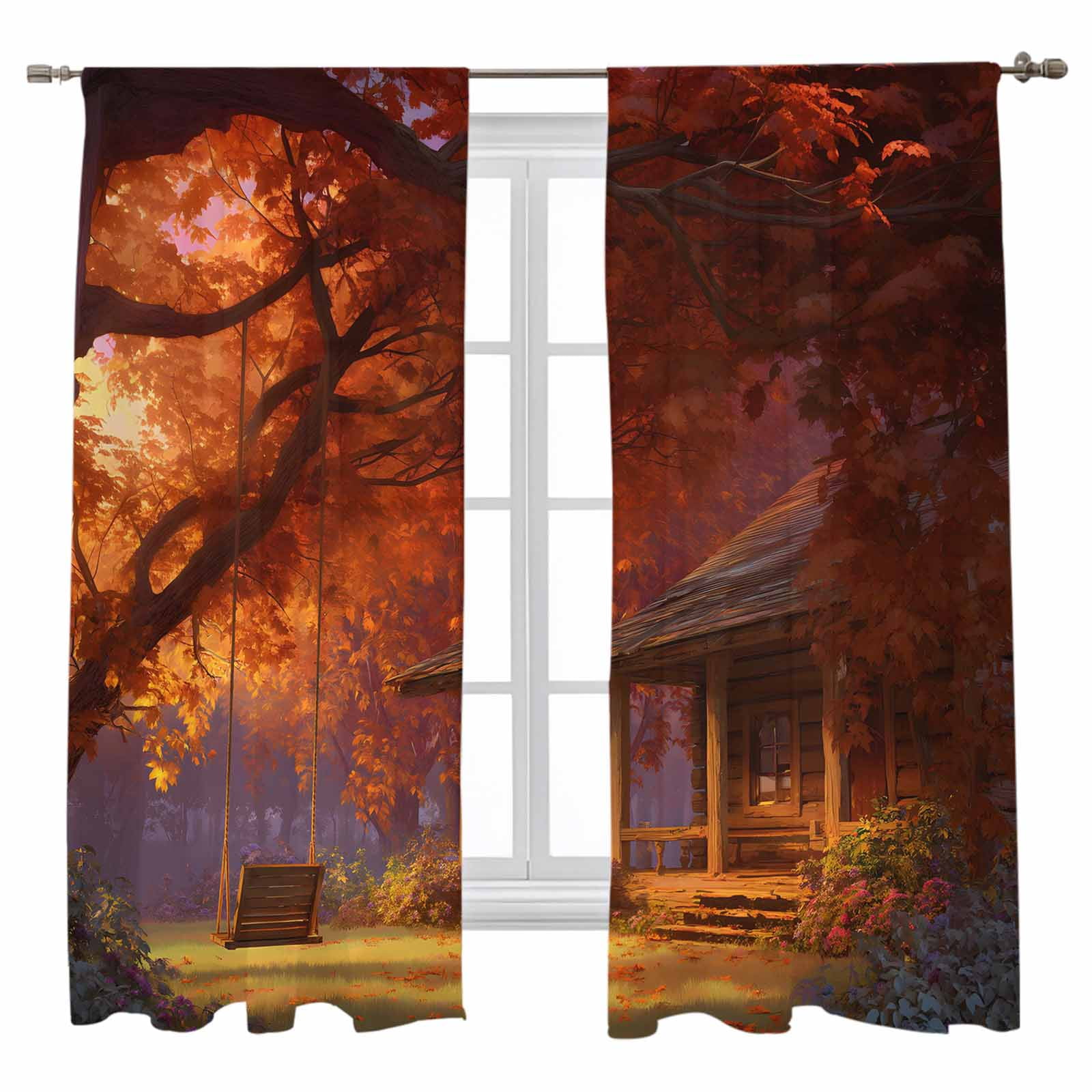 Sheer Curtains 63 inches Long, Forest Cabin Fall Fallen Leaves Tree ...