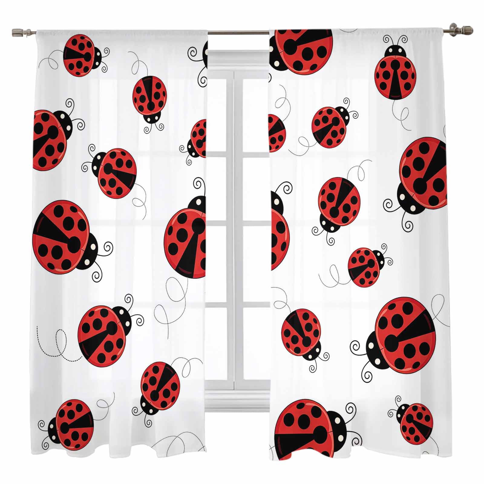 Sheer Curtains 63 inches Long, Fun Ladybug Black Dot Reptile Pattern ...