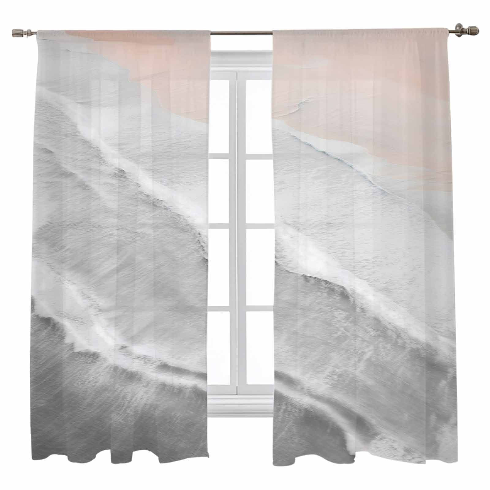 Sheer Curtains 63 inches Long, Grey Gradient Sea Waves Sandy Beach Coastal Scenery Light ...