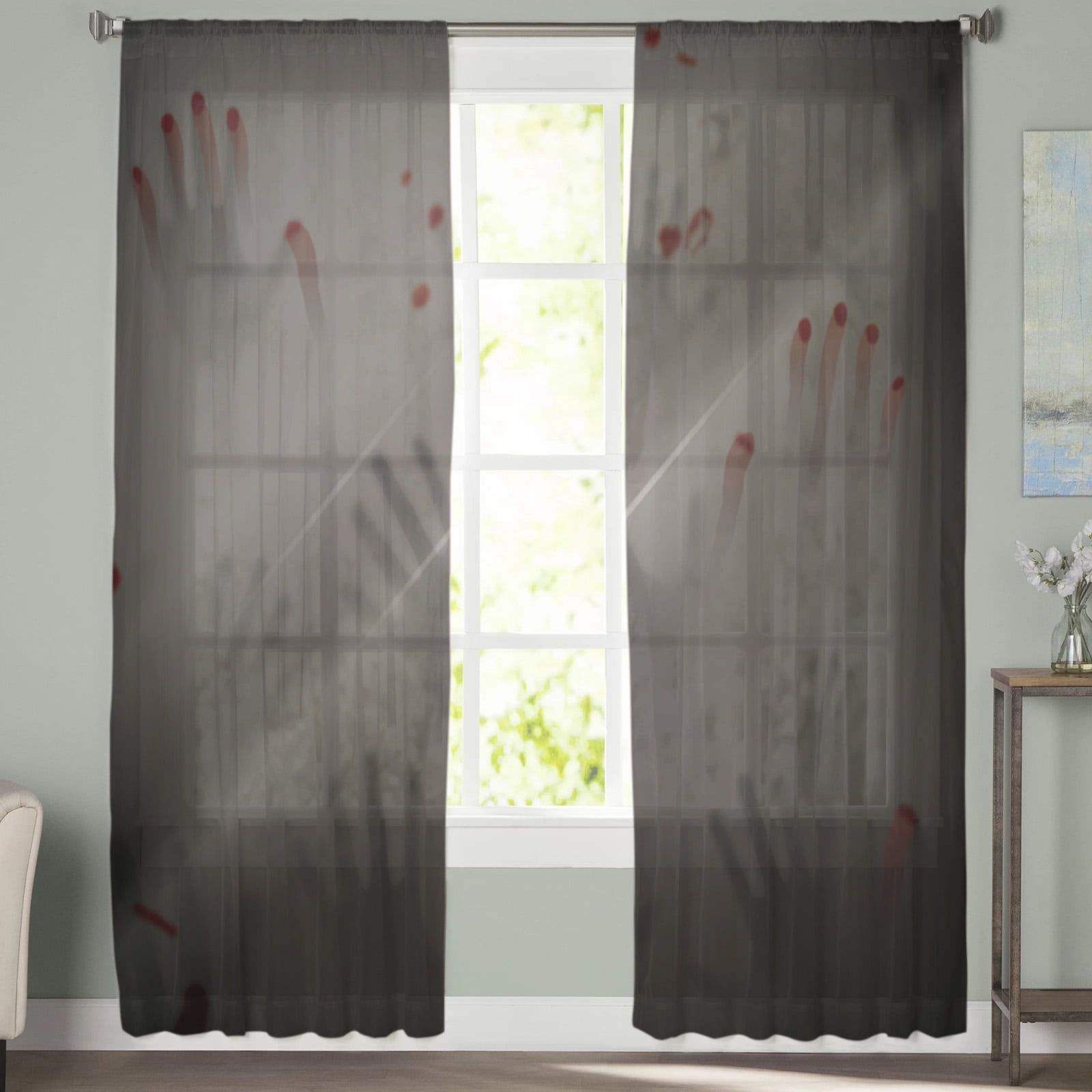 Sheer Curtains 63 inches Long, Halloween Bloody Hand Image Light ...