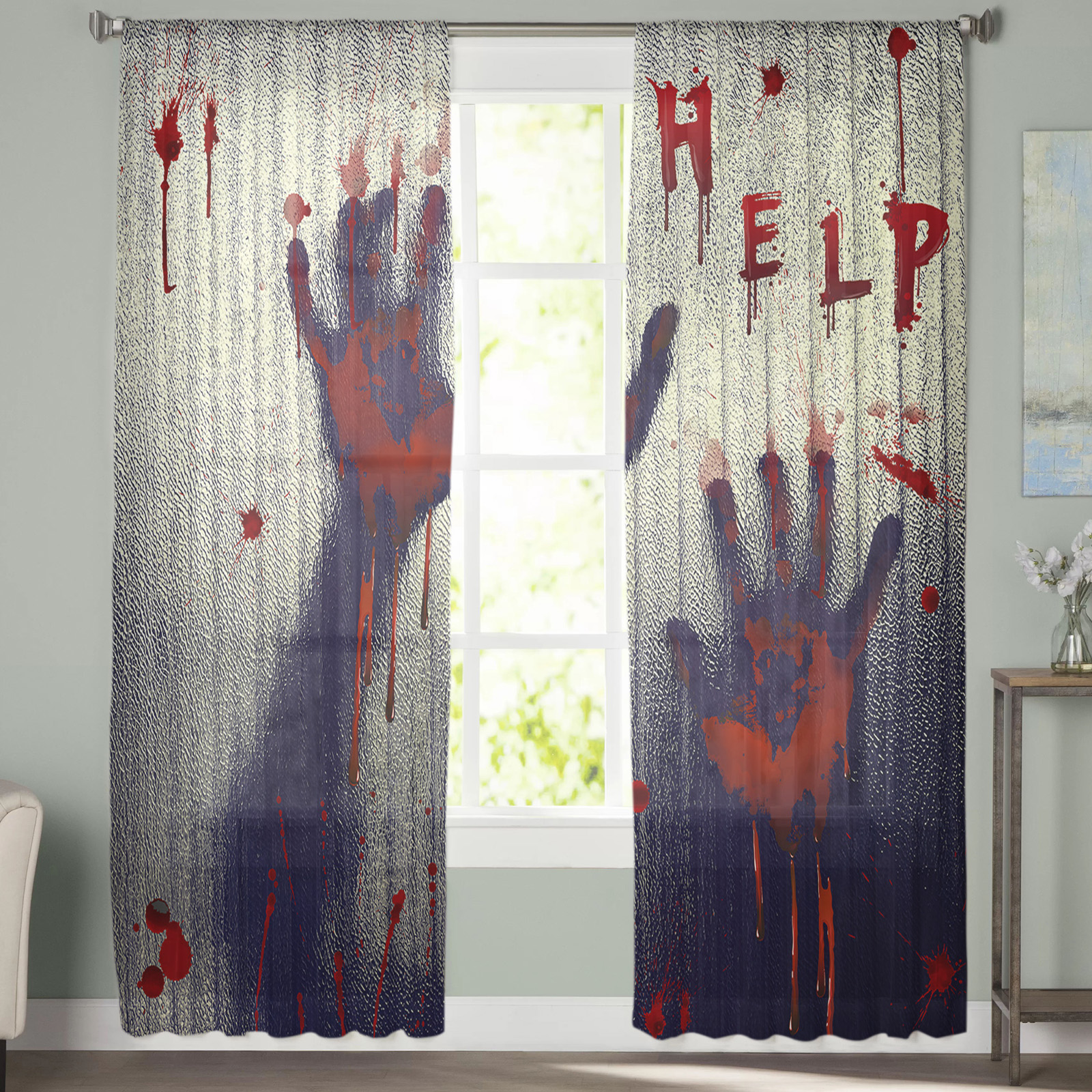 Sheer Curtains 63 inches Long, Halloween Scary Blood Fingerprints Light ...