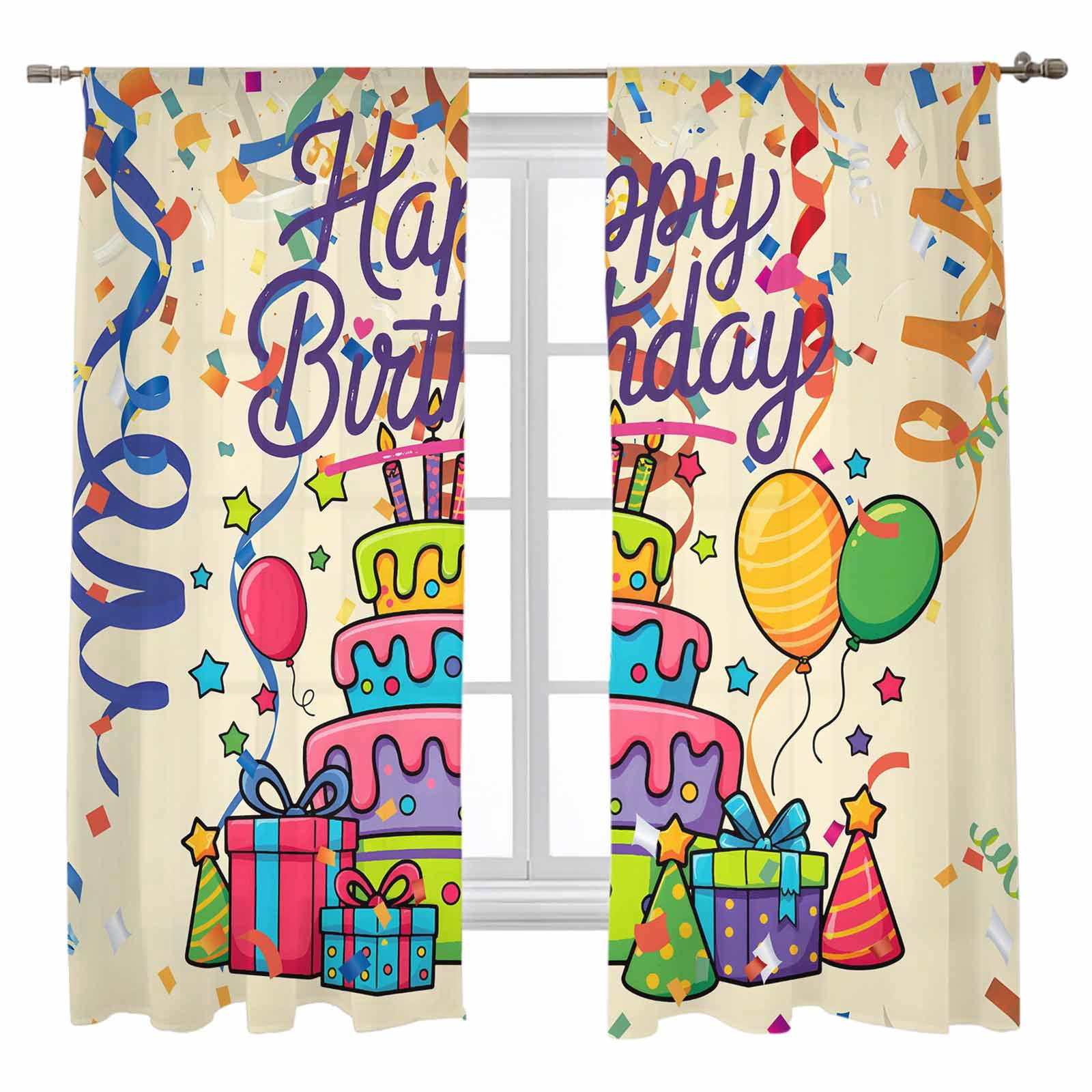 Sheer Curtains 63 inches Long, Happy Birthday Ribbon Cake Gift Balloon ...