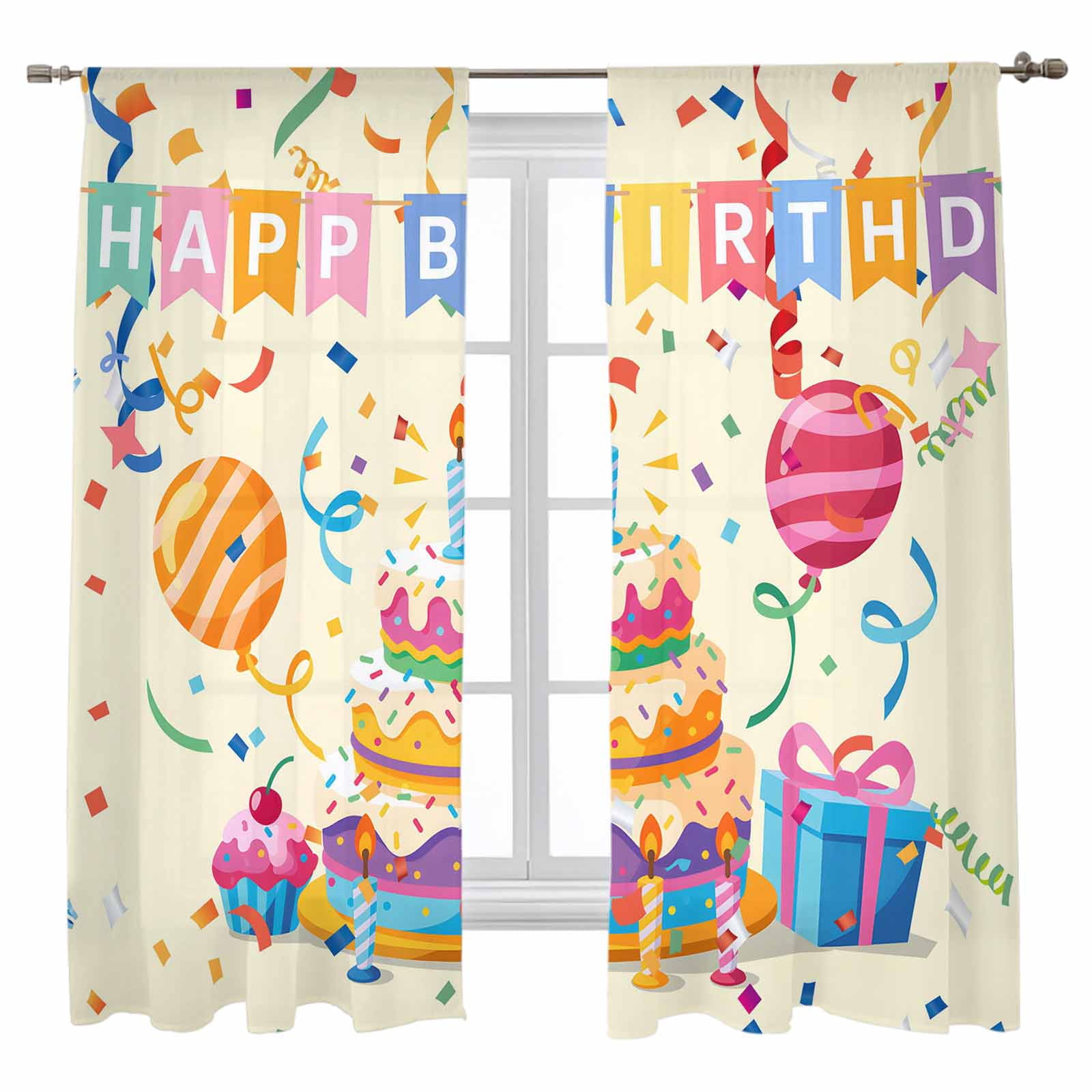 Sheer Curtains 63 inches Long, Happy Birthday Ribbon Cake Gift Balloon ...