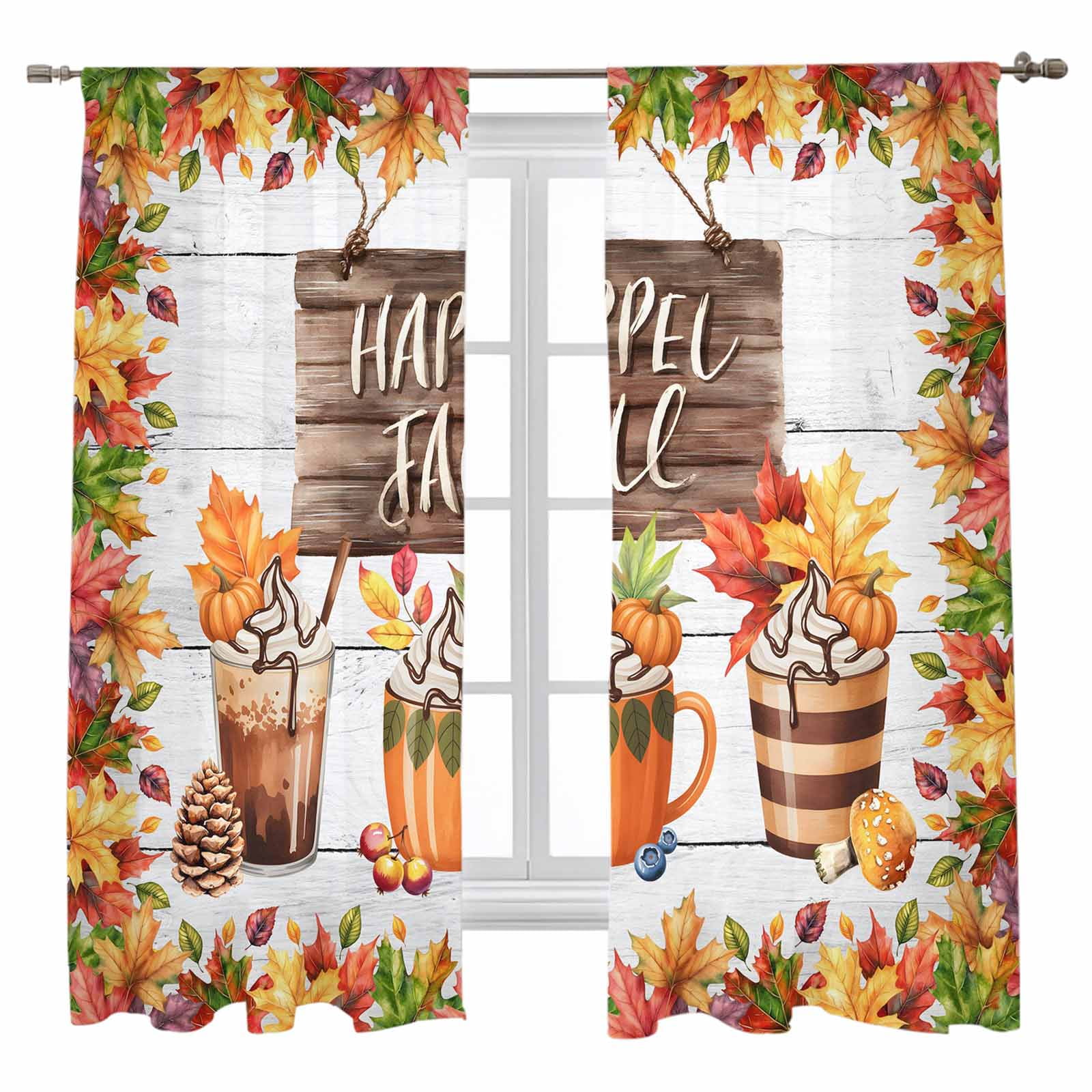 Sheer Curtains 63 inches Long, Happy Fall Coffee Maple Leaf Pine Cone White Wood Grain Light ...