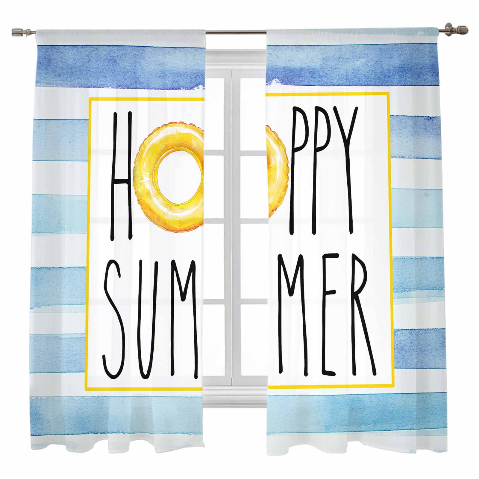 Sheer Curtains 63 inches Long, Happy Summer Blue Gradient Stripes ...