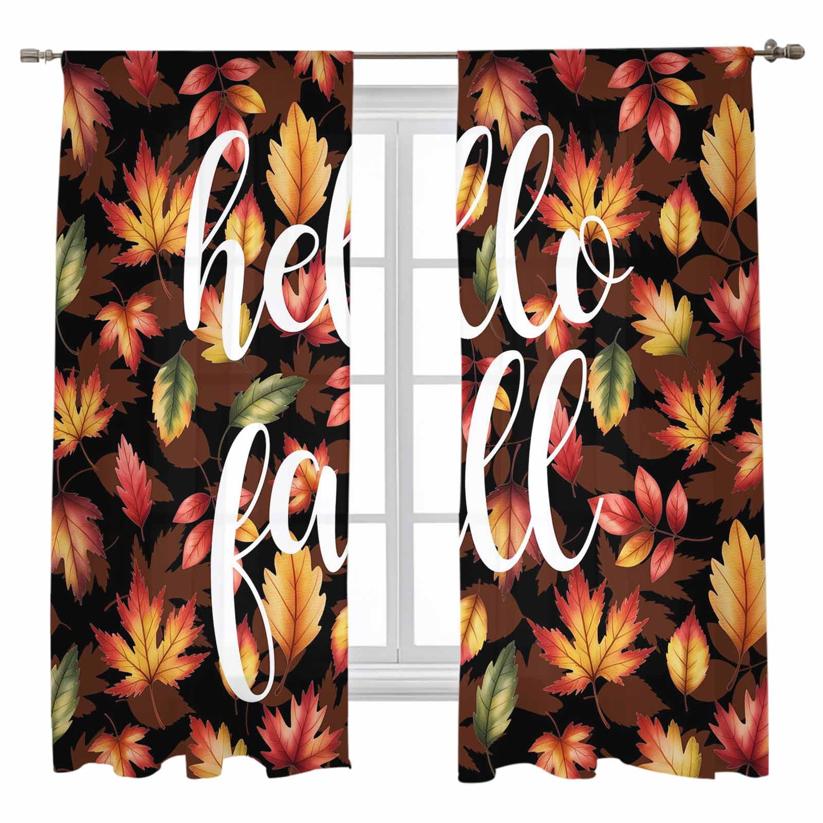 Sheer Curtains 63 inches Long, Hello Fall Fall Maple Leaf Watercolor ...