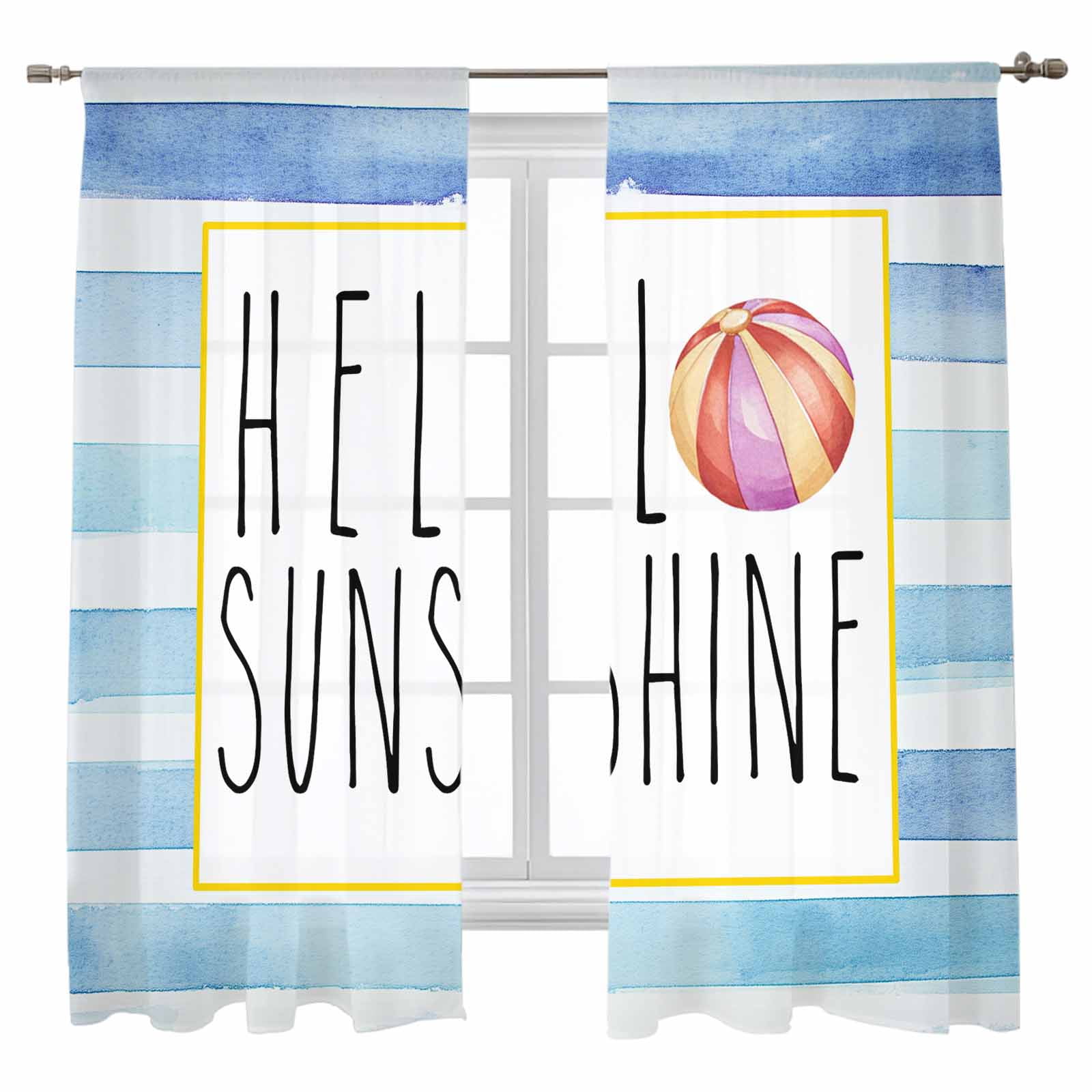 Sheer Curtains 63 inches Long, Hello Sunshine Summer Ball Blue Watercolor Stripes Light ...