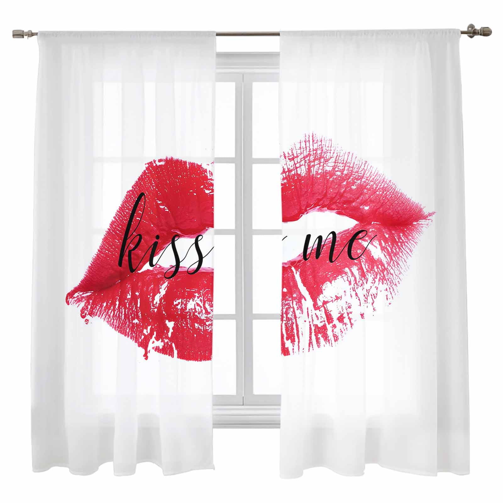 Sheer Curtains 63 inches Long, Kiss Me Text Lipprint Retro Abstract Red ...