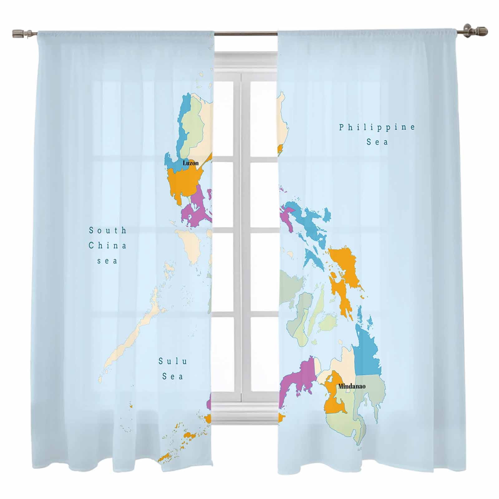 Sheer Curtains 63 inches Long, Modern Map Blue Sea Simplize Colorful ...