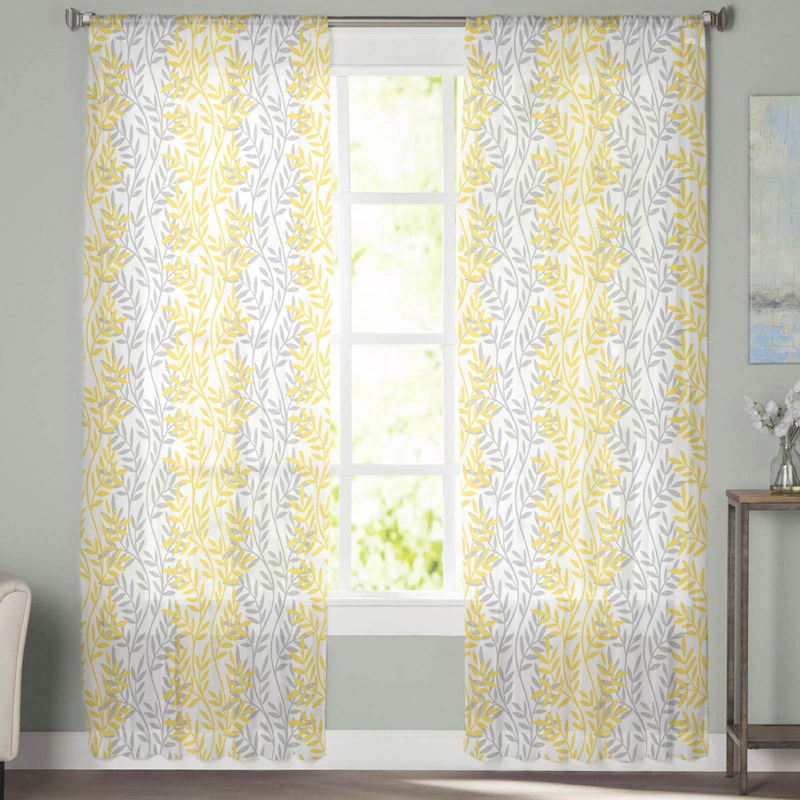 Sheer Curtains 63 inches Long, Modern Yellow Leaf Pattern Art Design ...