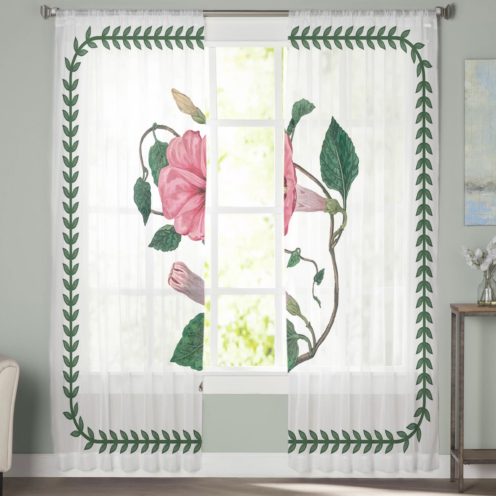 Sheer Curtains 63 inches Long, Morning Glories-Plants and Flowers Theme ...