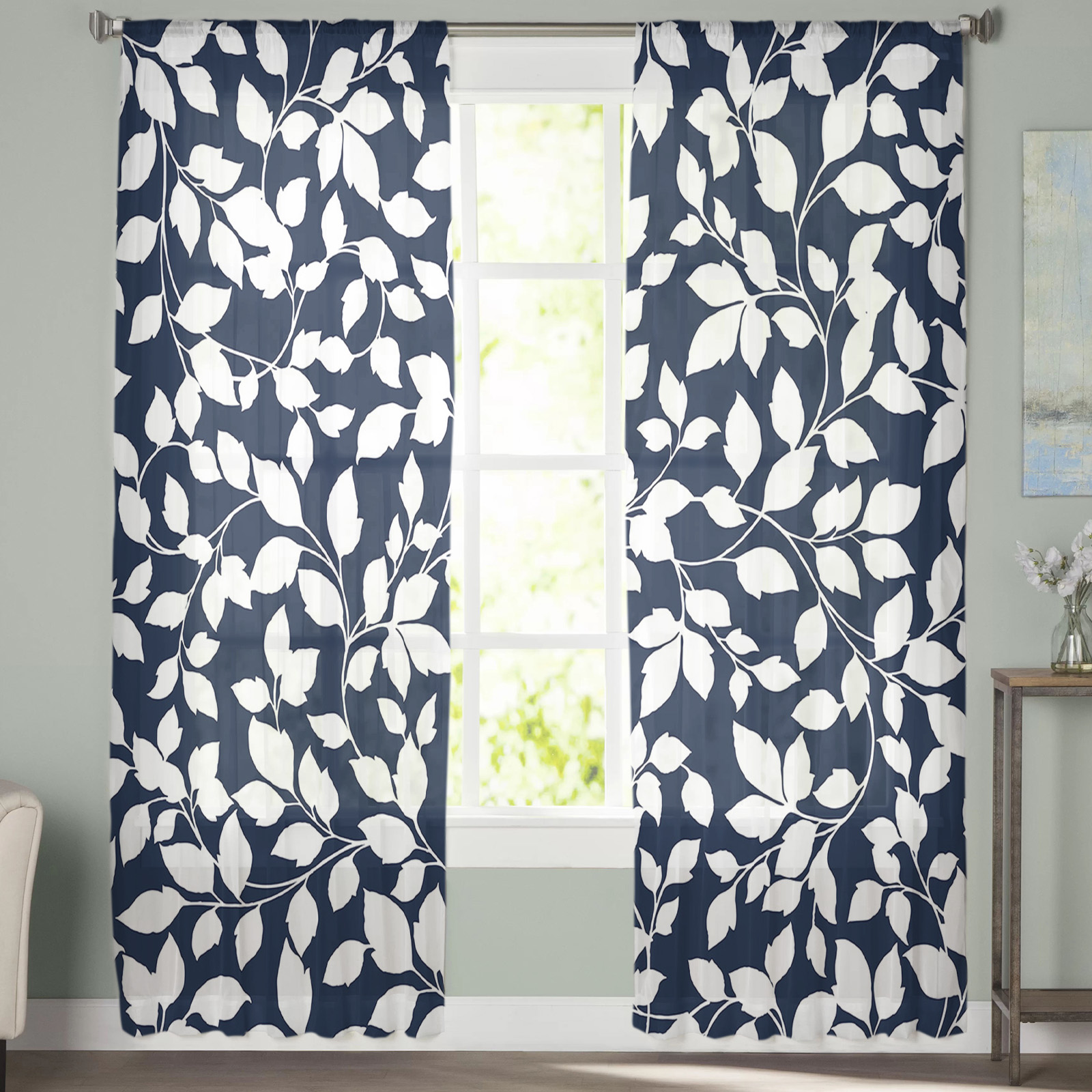 Sheer Curtains 63 inches Long, Navy Blue Leaf Vine Texture Light ...