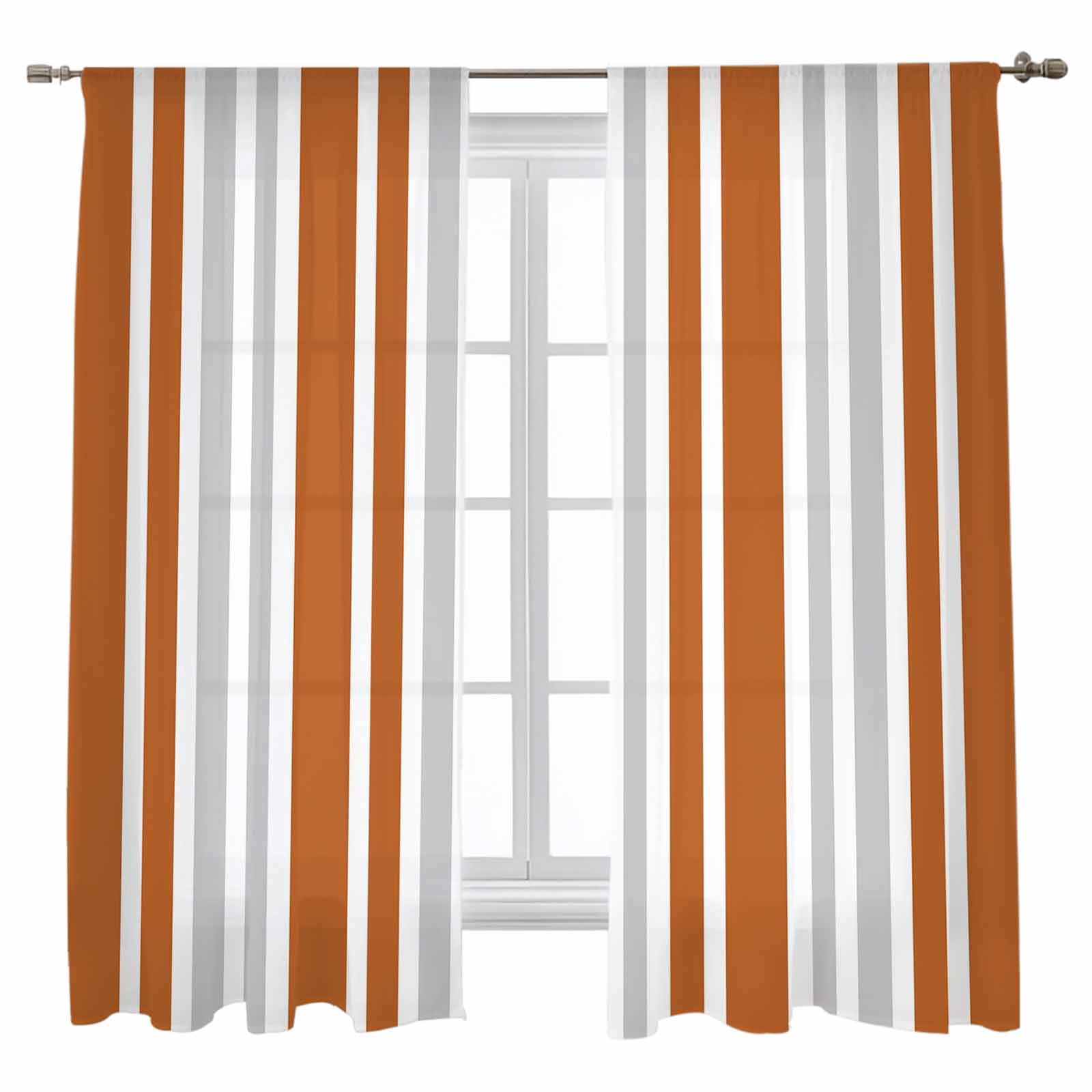 Sheer Curtains 63 inches Long, Orange Gray Stripe Minimalist Vertical ...
