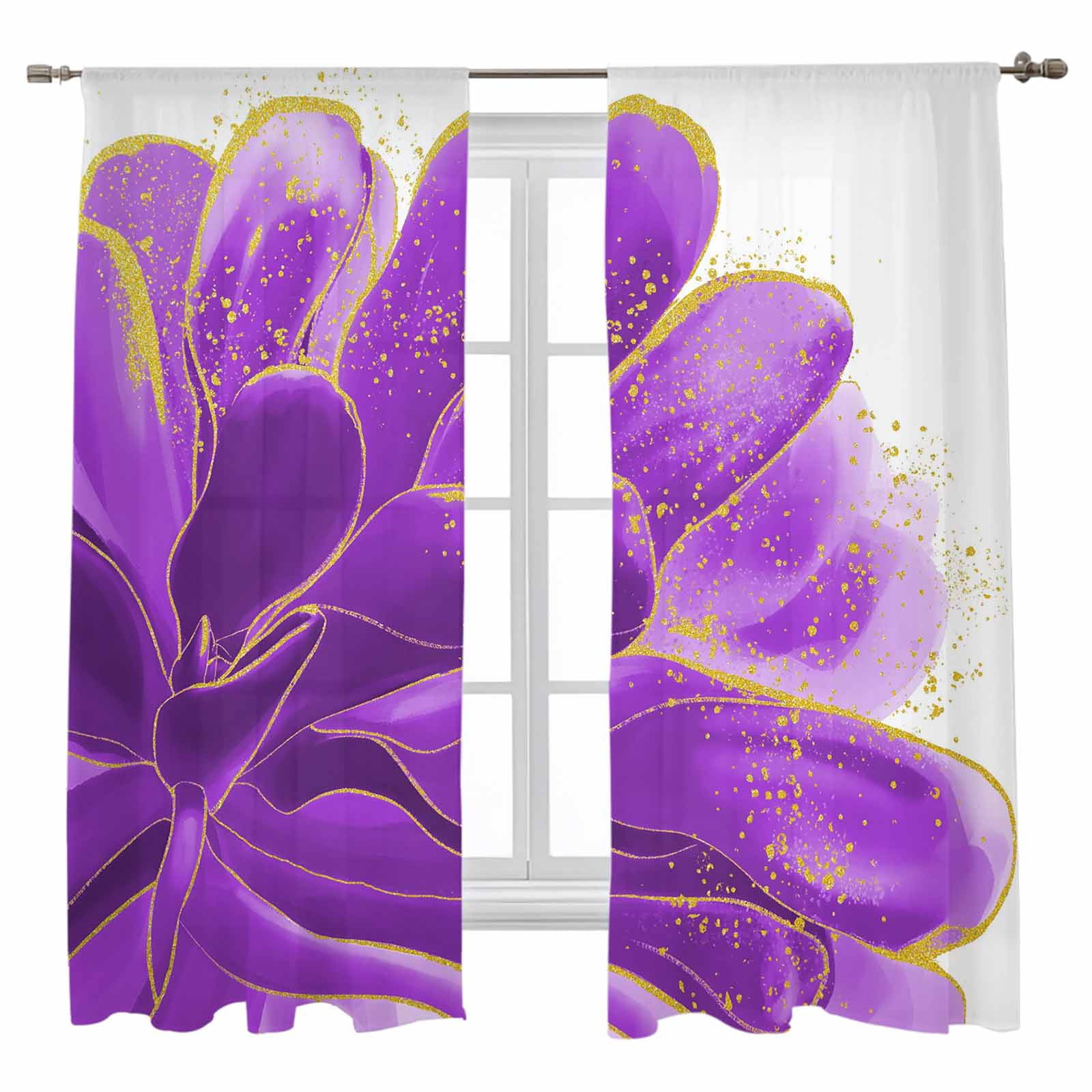 Sheer Curtains 63 inches Long, Purple Gold Flower Purple Gradient ...