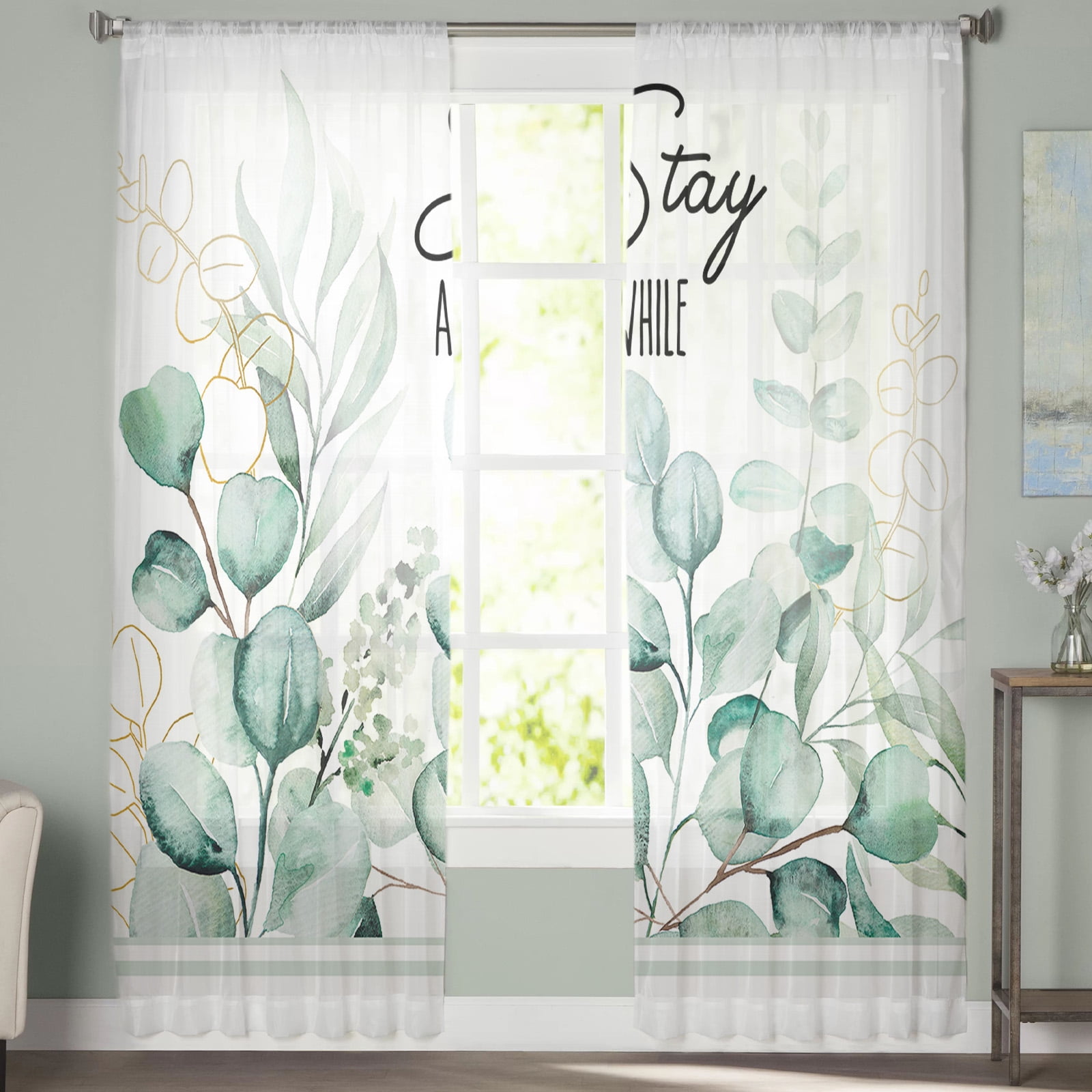 Sheer Curtains 63 inches Long, Rustic STAY AWHILE Green Eucalyptus ...