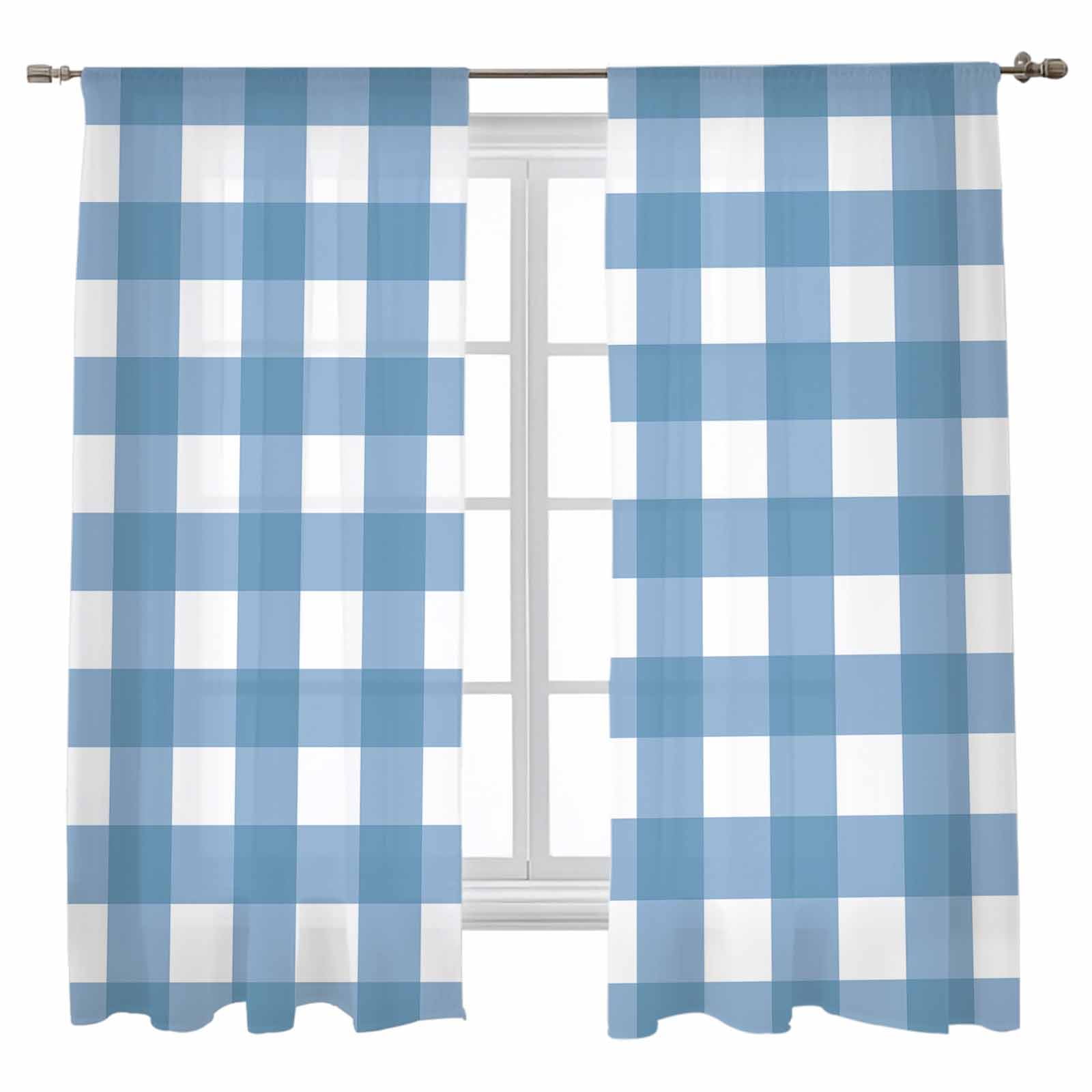 Sheer Curtains 63 inches Long, Sky Blue Plaid Sky Blue Gradient Line ...