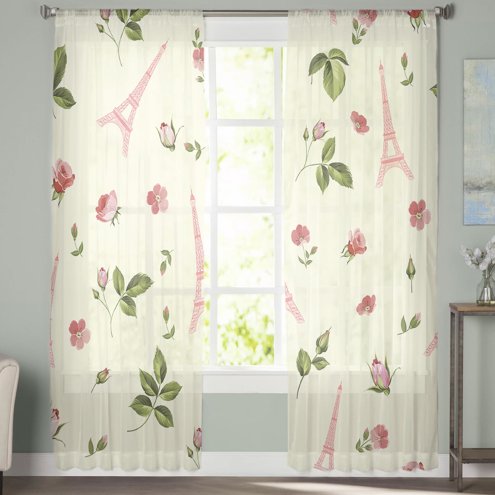 Sheer Curtains 63 inches Long, Spring Pink Flower Leaves Bloom Eiffel ...
