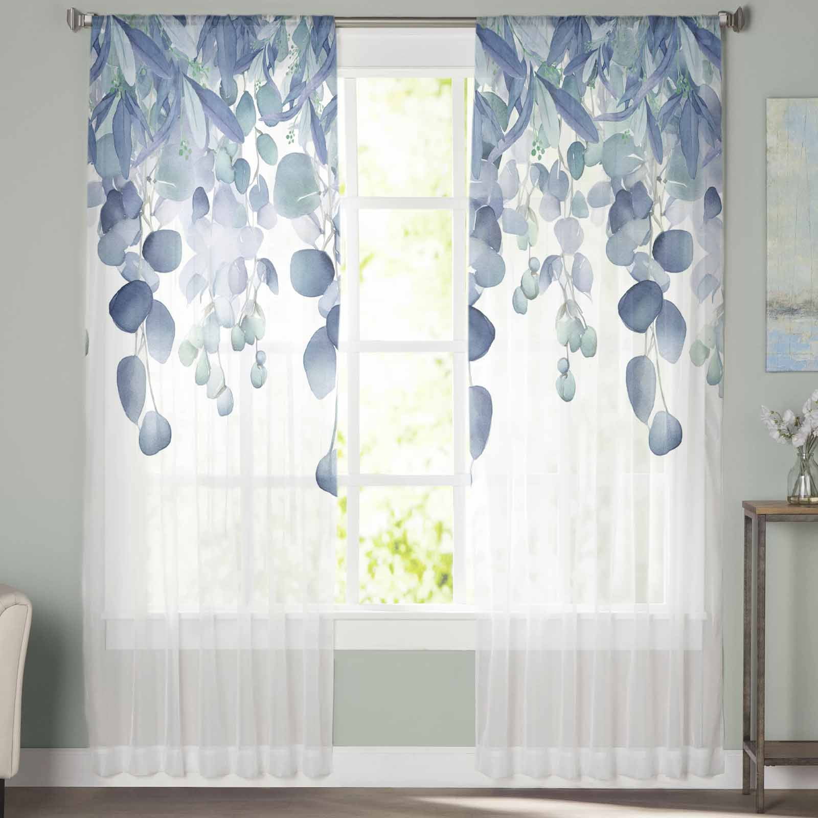 Sheer Curtains 63 inches Long, Spring Summer Watercolor Blue Eucalyptus ...