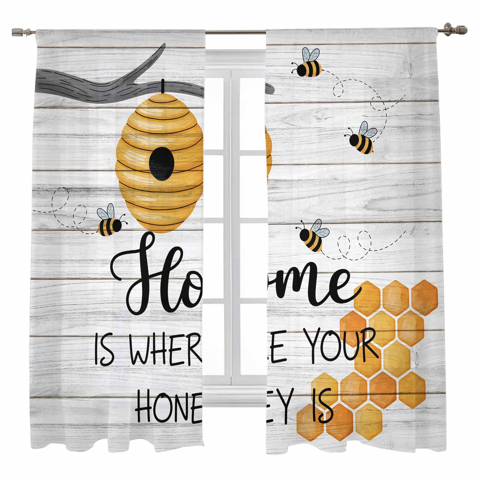 Sheer Curtains 63 inches Long, Summber Bee Home Honey Letter Retro Wood ...