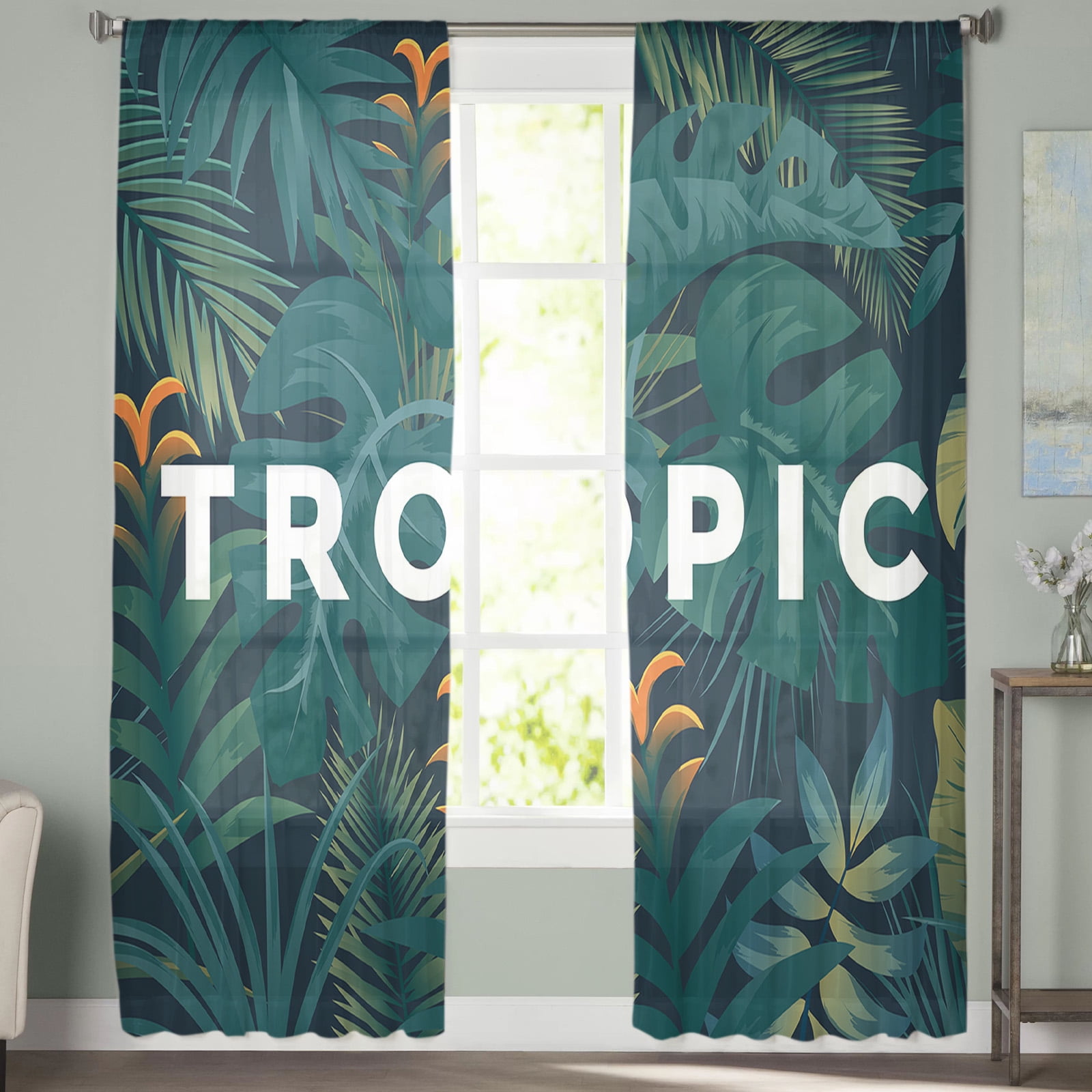 Sheer Curtains 63 inches Long, Summer Letter Tropic Palm Tree Leaves ...