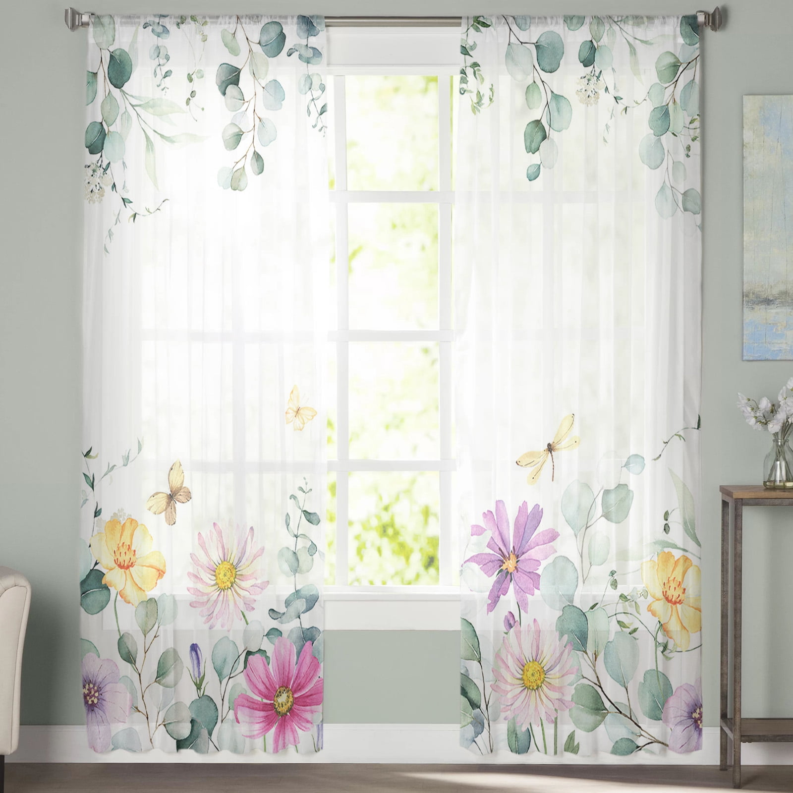Sheer Curtains 63 inches Long, Summer Plants Floral Cosmos Flowers ...