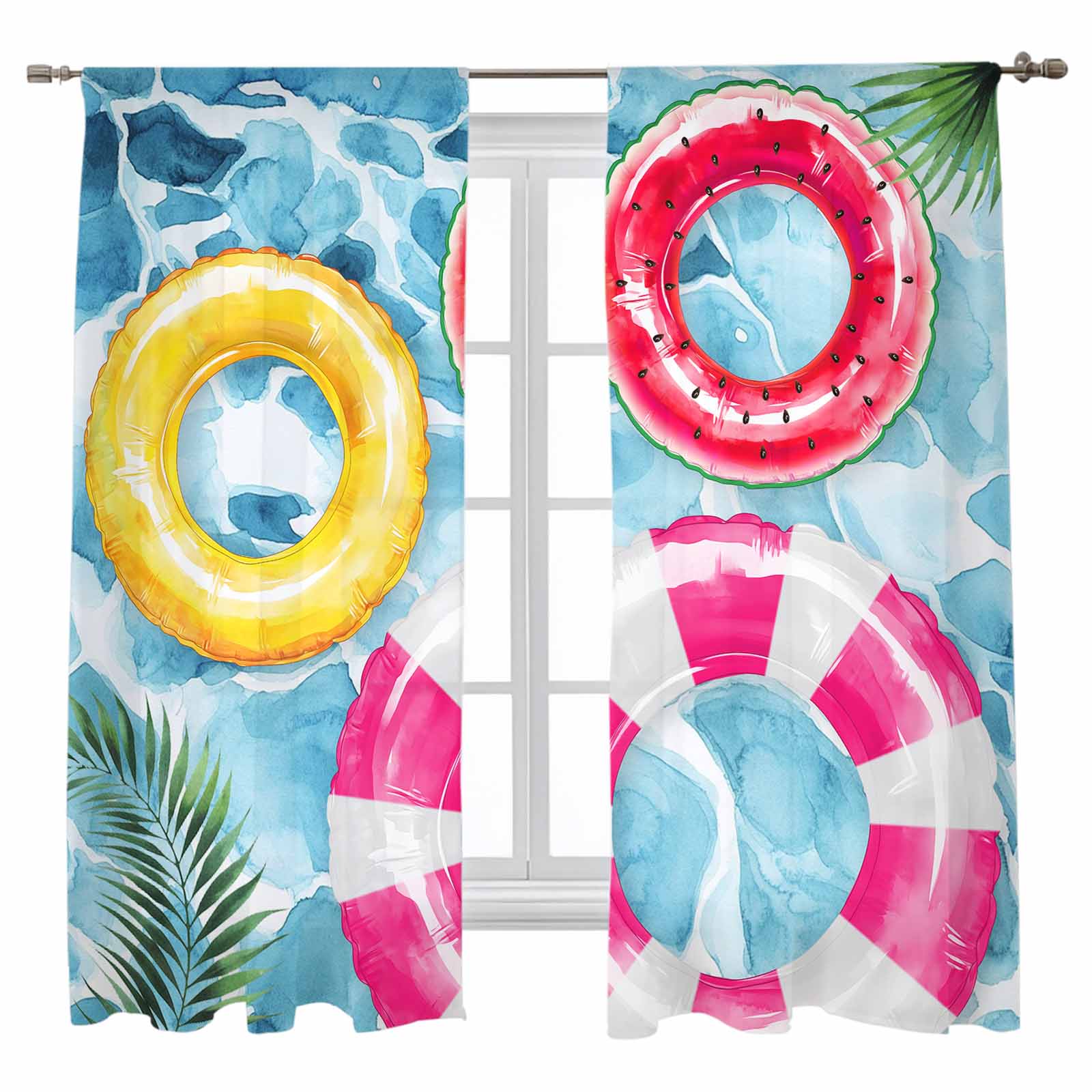 Sheer Curtains 63 inches Long, Swimming Ring Summer Pool Watercolor ...
