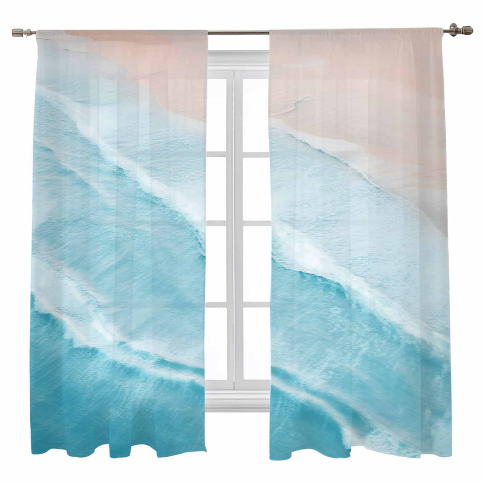 Sheer Curtains 63 inches Long, Teal Blue Gradient Sea Waves Sandy Beach ...