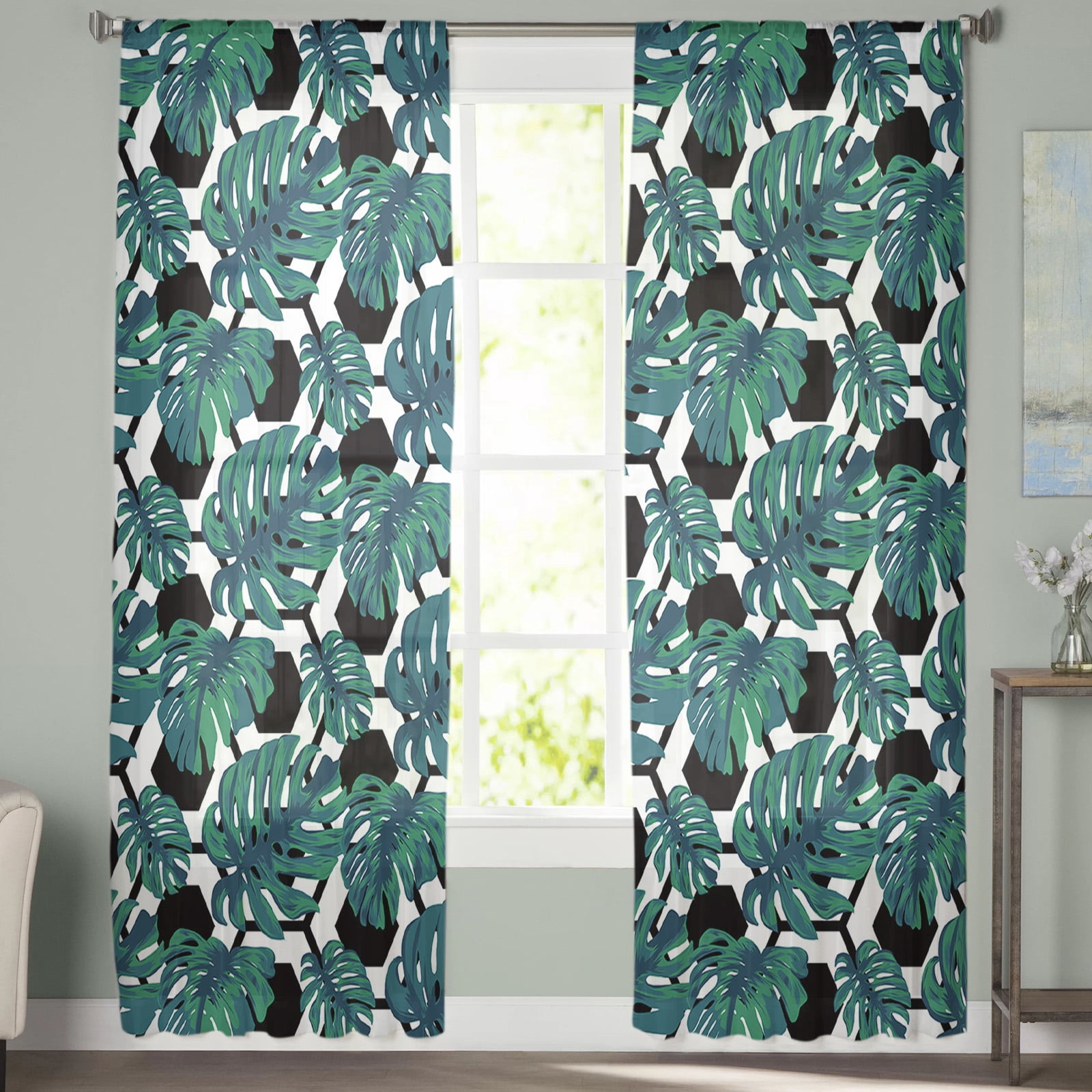 Sheer Curtains 63 inches Long, Tropical Summer Tortoise Leaf Leaves ...