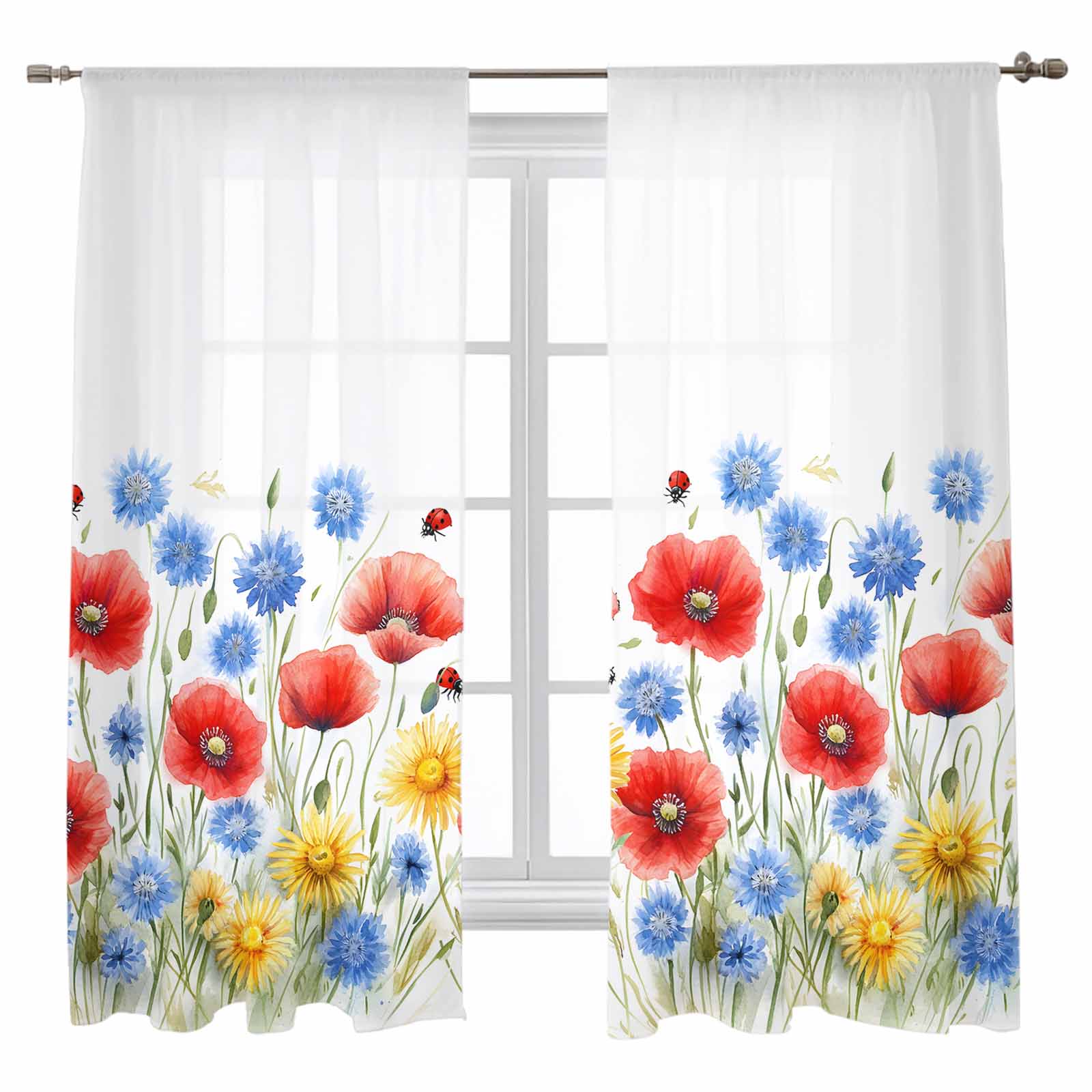 Sheer Curtains 63 inches Long, Vintage Red Blue Concubine Independence ...