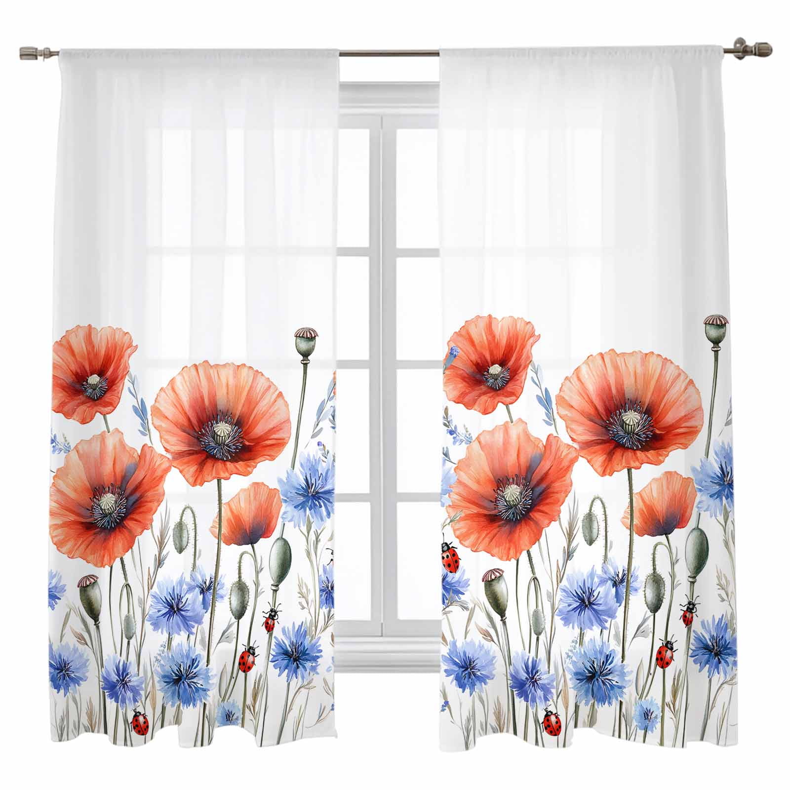 Sheer Curtains 63 inches Long, Vintage Red Blue Flowers Concubine ...