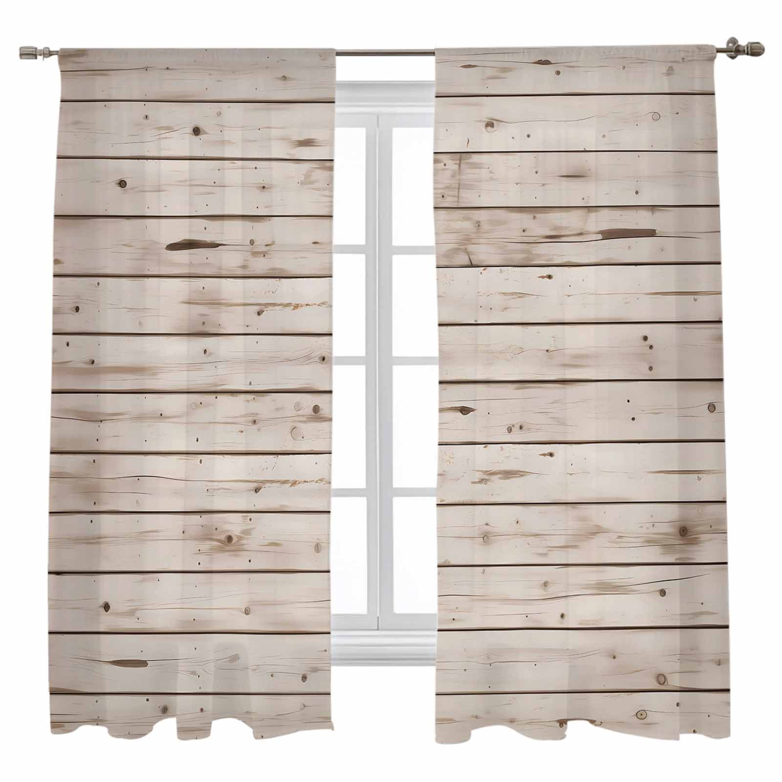 Sheer Curtains 63 inches Long, Wooden Board Brown Wood Theme Pastoral ...