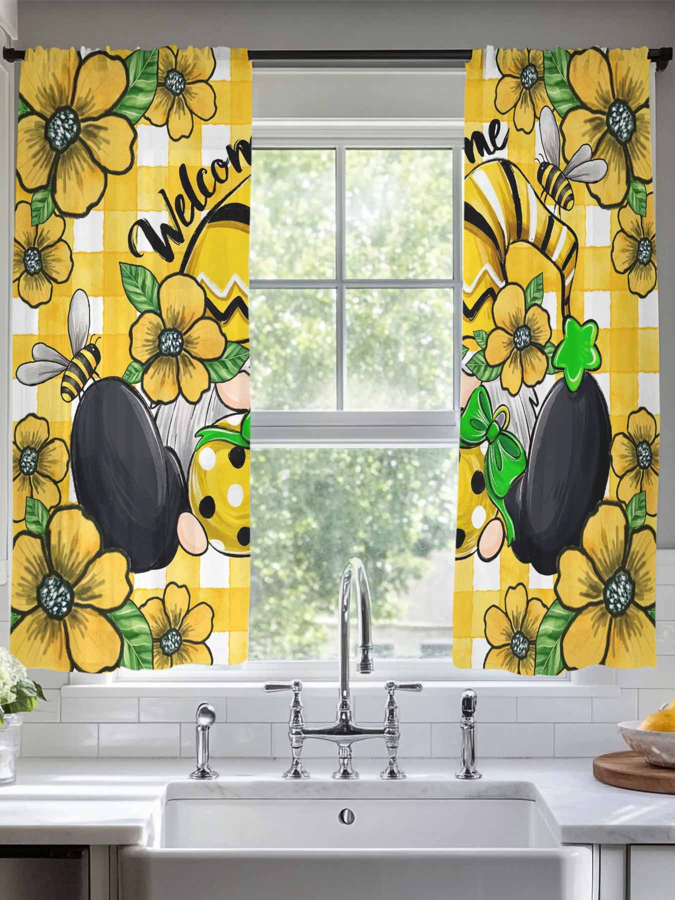 Sheer Curtains 72 Inches Long 2 Panels, Farm Yellow Flower Dwarf Bee ...