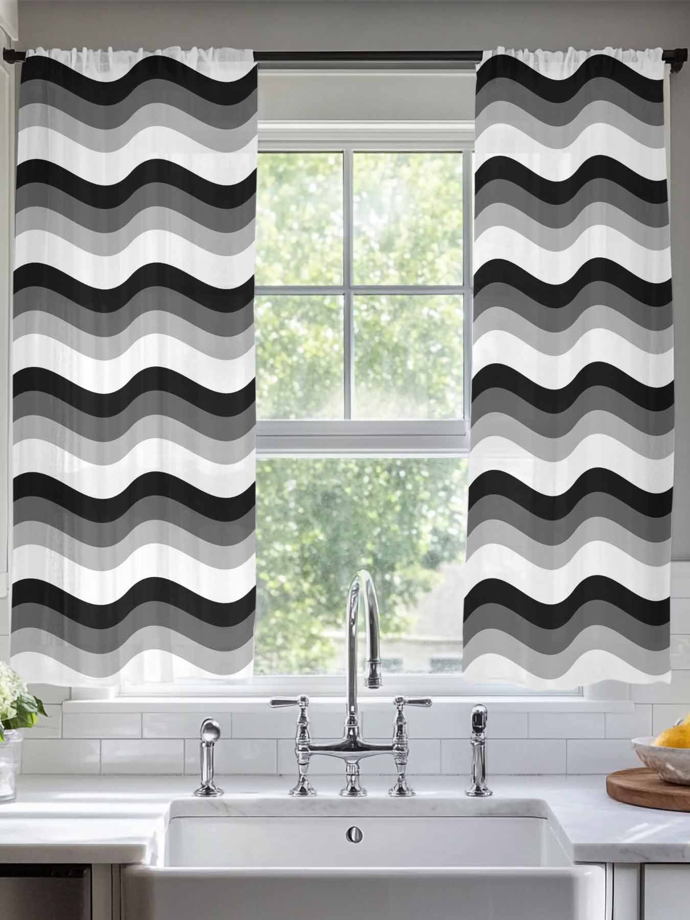 Sheer Curtains 72 Inches Long 2 Panels, Modern Black Grey Waves Rod ...