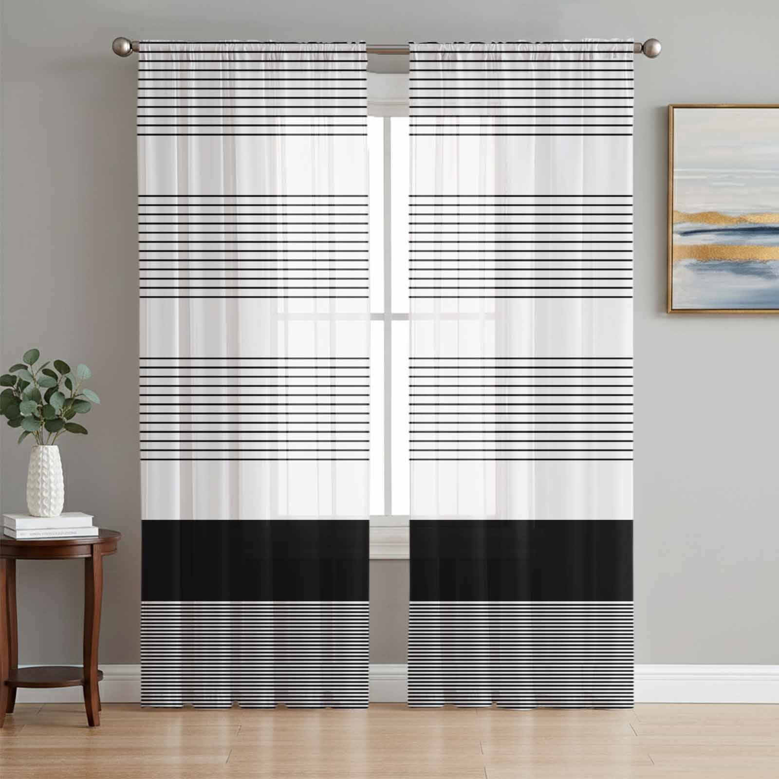 Sheer Curtains 72 Inches Long 2 Panels Set for Bedroom, Black Stripe ...