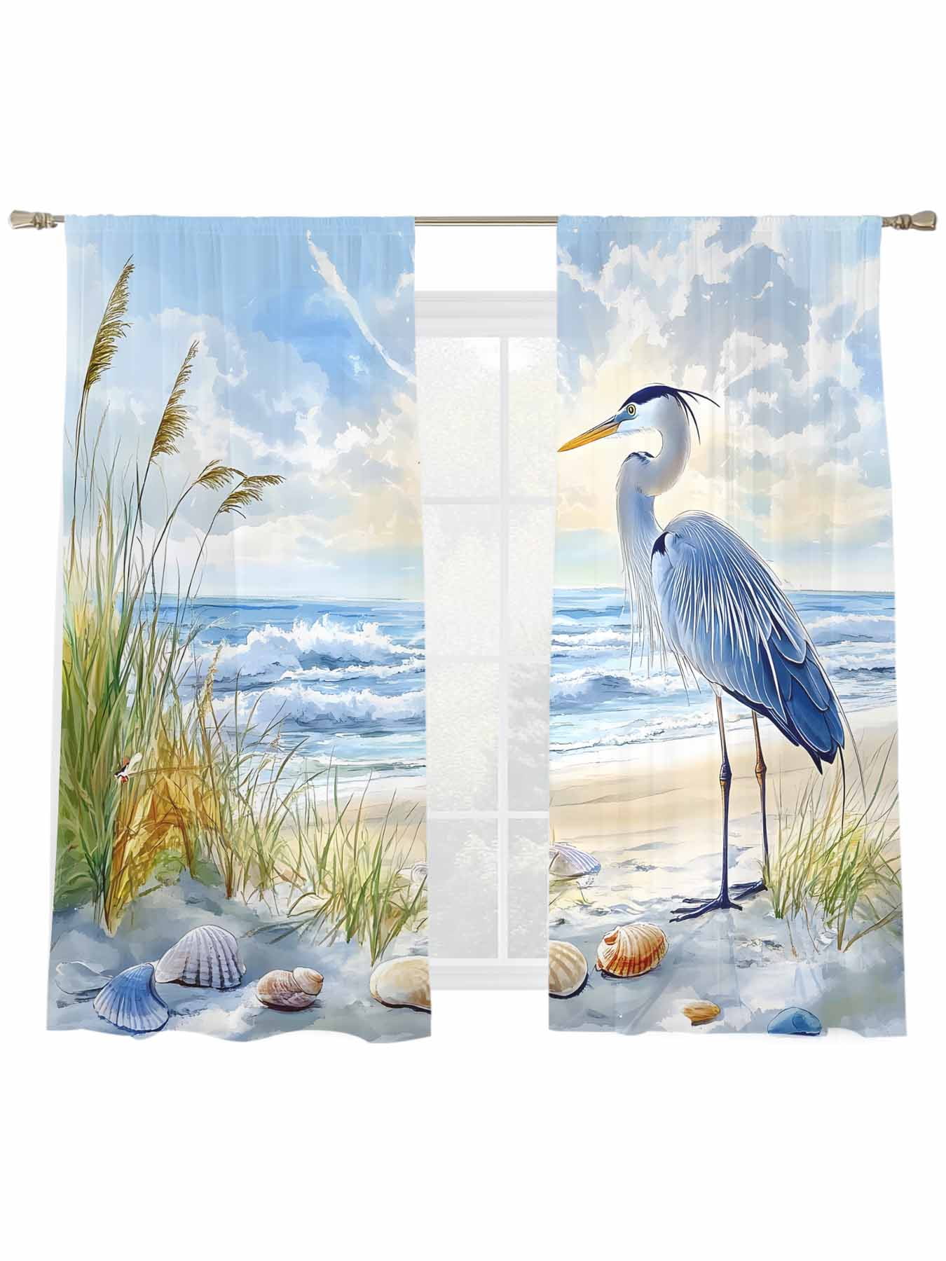 Sheer Curtains 72 inches Long 2 Panels Set Blue Seabird Sea Wave Blue ...