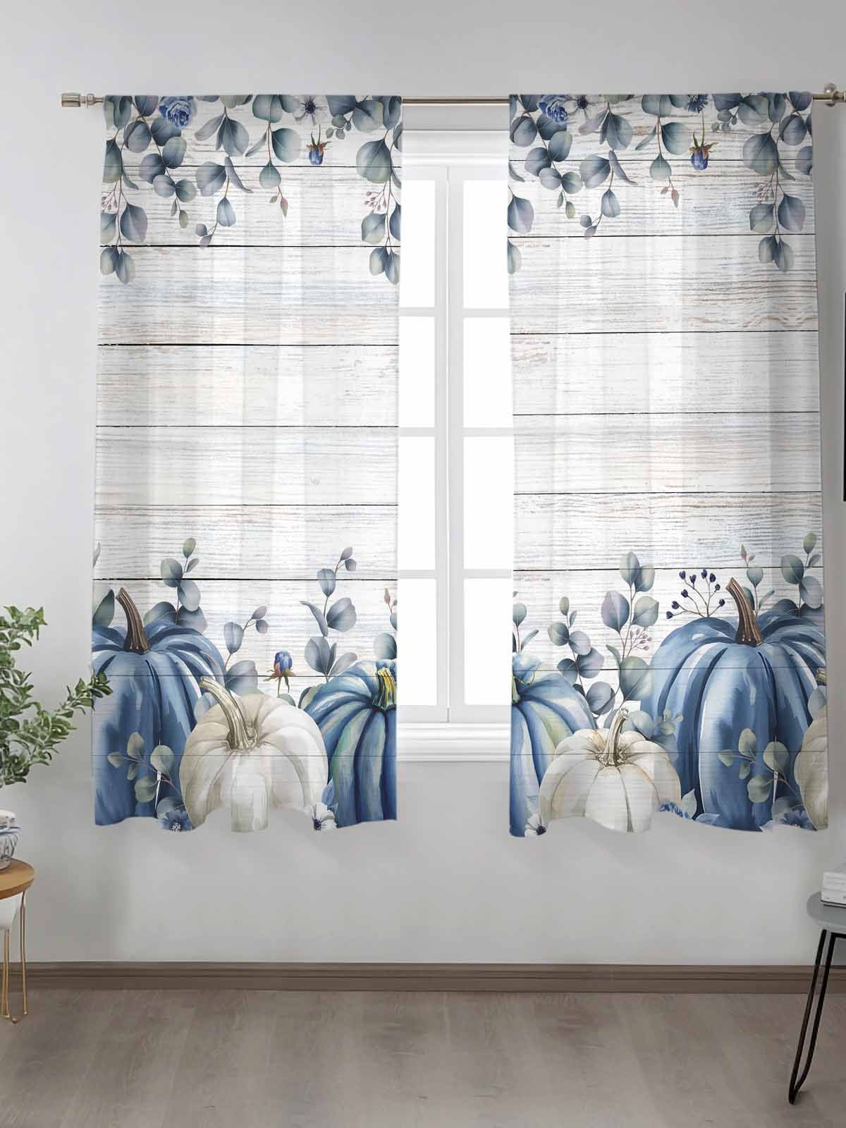 Sheer Curtains 72 inches Long 2 Panels Set Blue White Fall Pumpkins ...