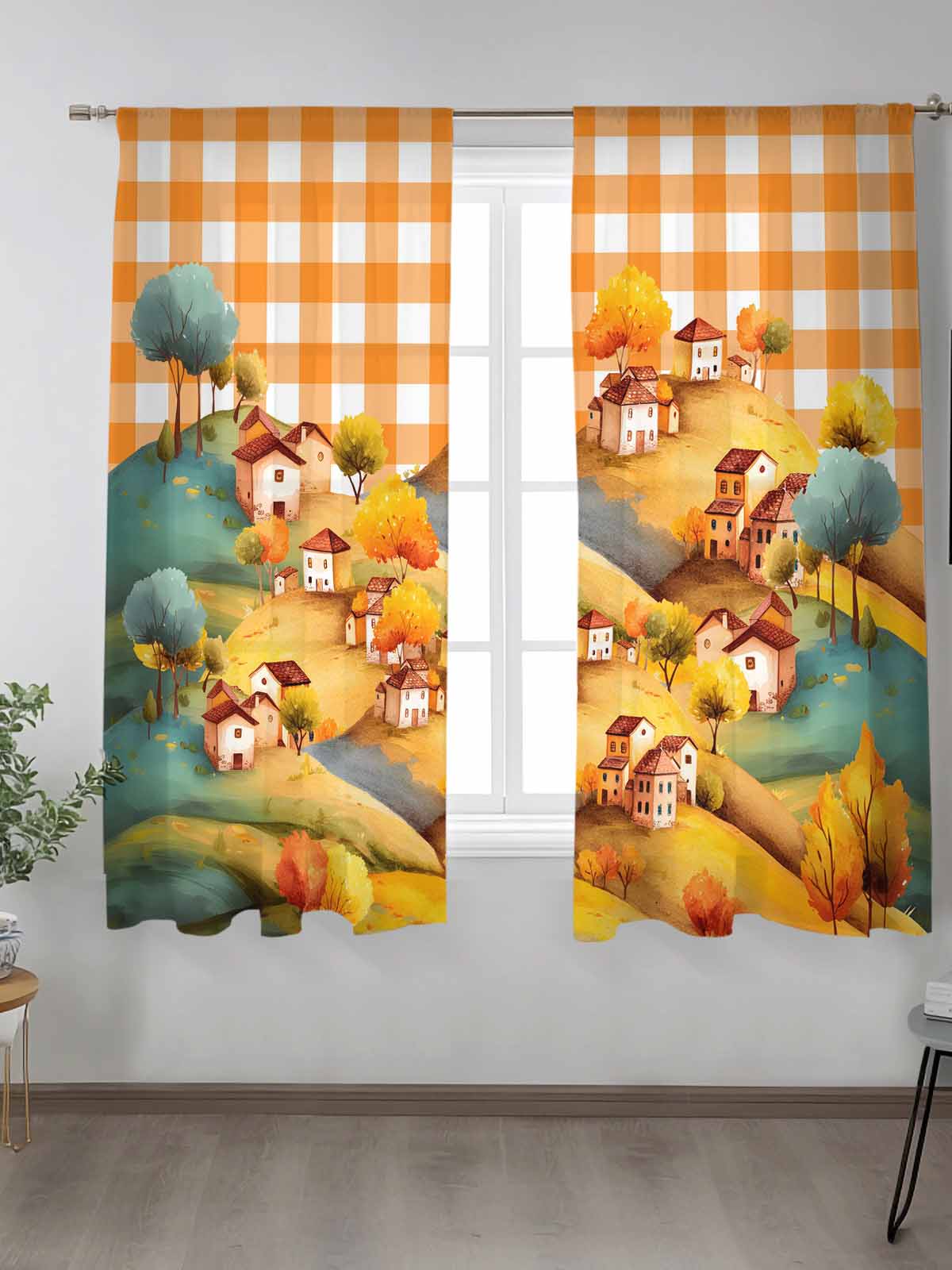Sheer Curtains 72 inches Long 2 Panels Set Fall Hills House Tree Orange ...